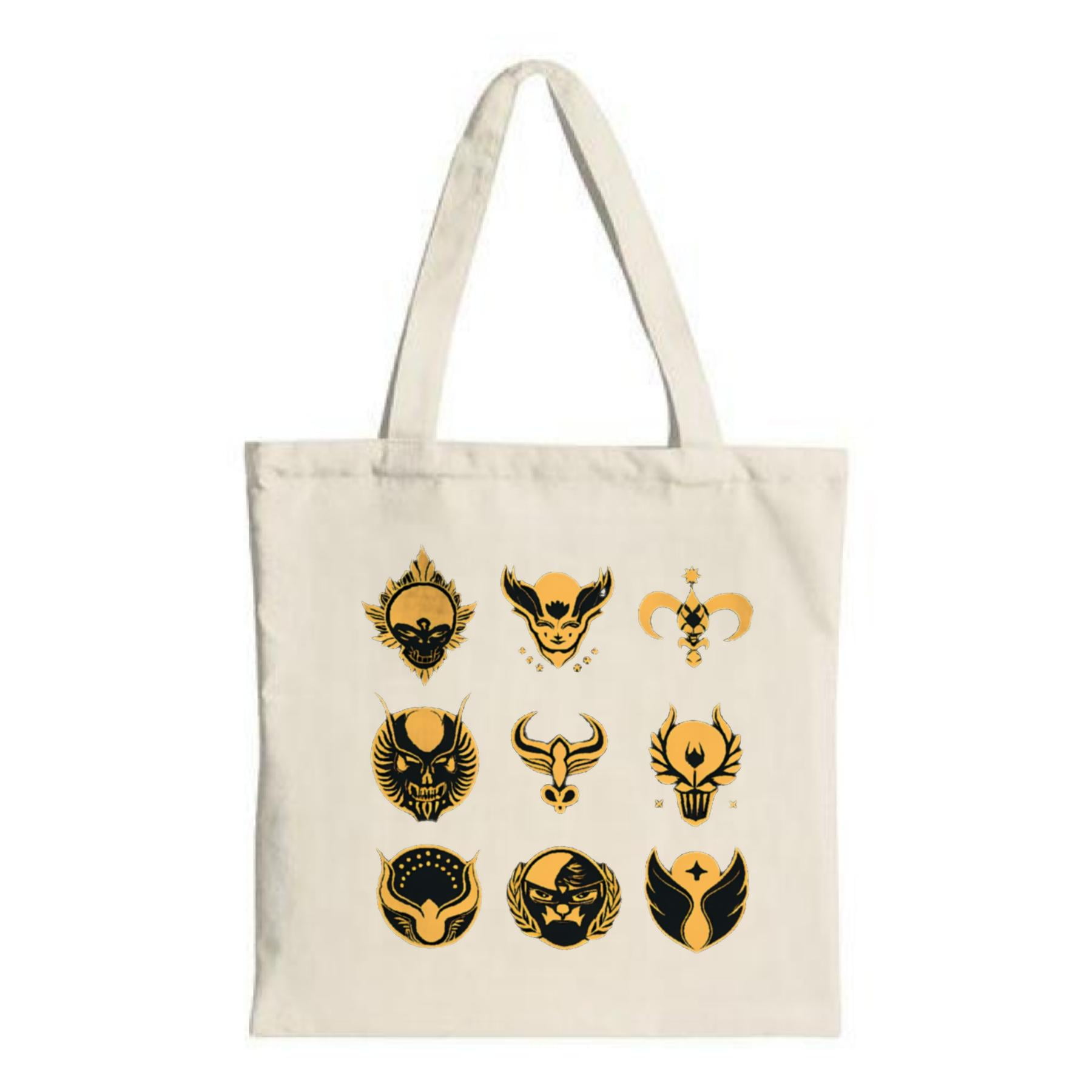 Stylish Canvas Tote Bag with 9 Golden Mythical Emblems in a Pattern ...