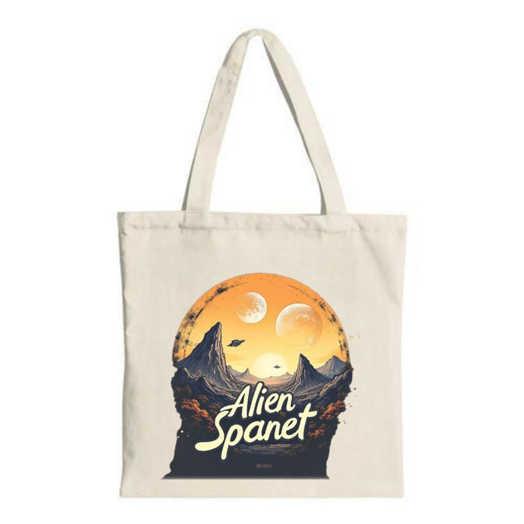 Stylish Canvas Tote Bag with Artistic Mountain Landscape Moons & Flying ...