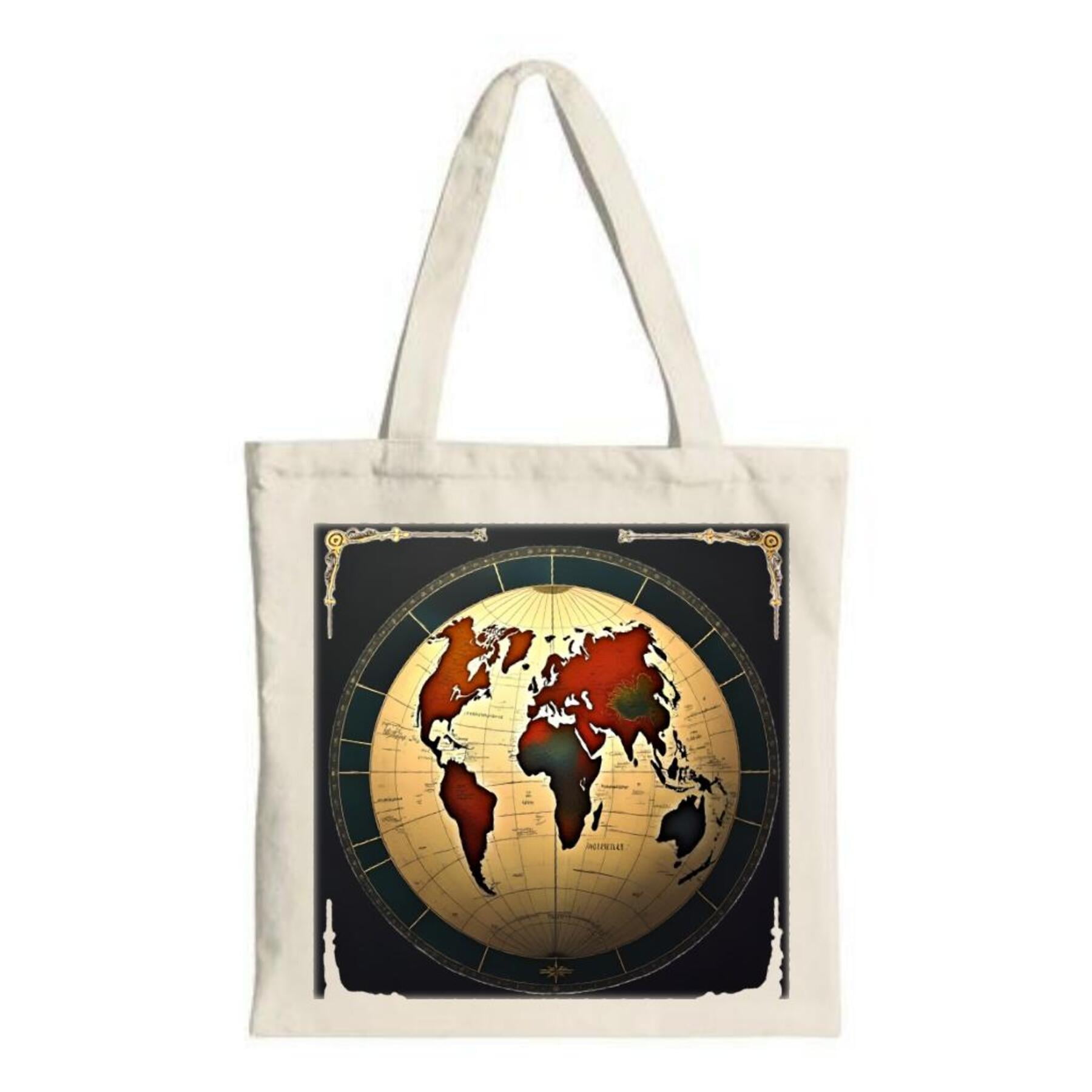 Stylish Canvas Tote Bag with Decorative World Map Design Gold Compass ...