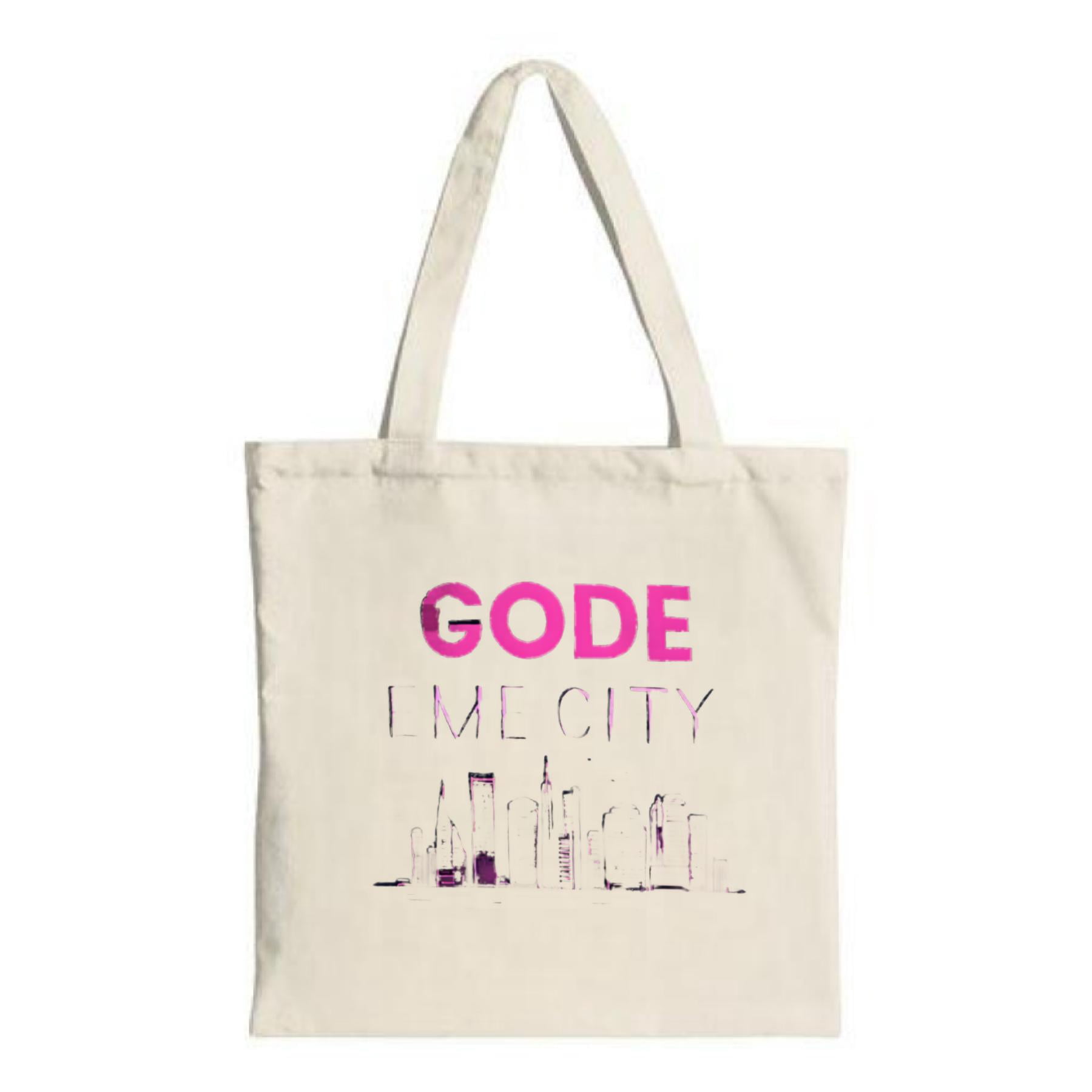 Stylish Canvas Tote Bag with " GODE I'm CITY " in bold pink featuring a ...