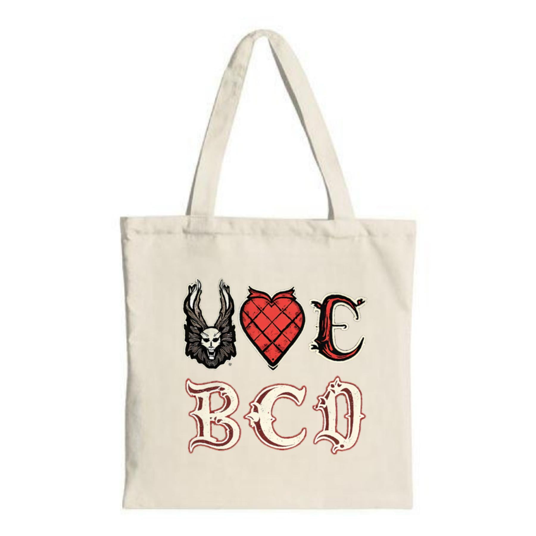 Stylish Canvas Tote Bag with Horned Skull Red Diamond Heart and Ornate ...