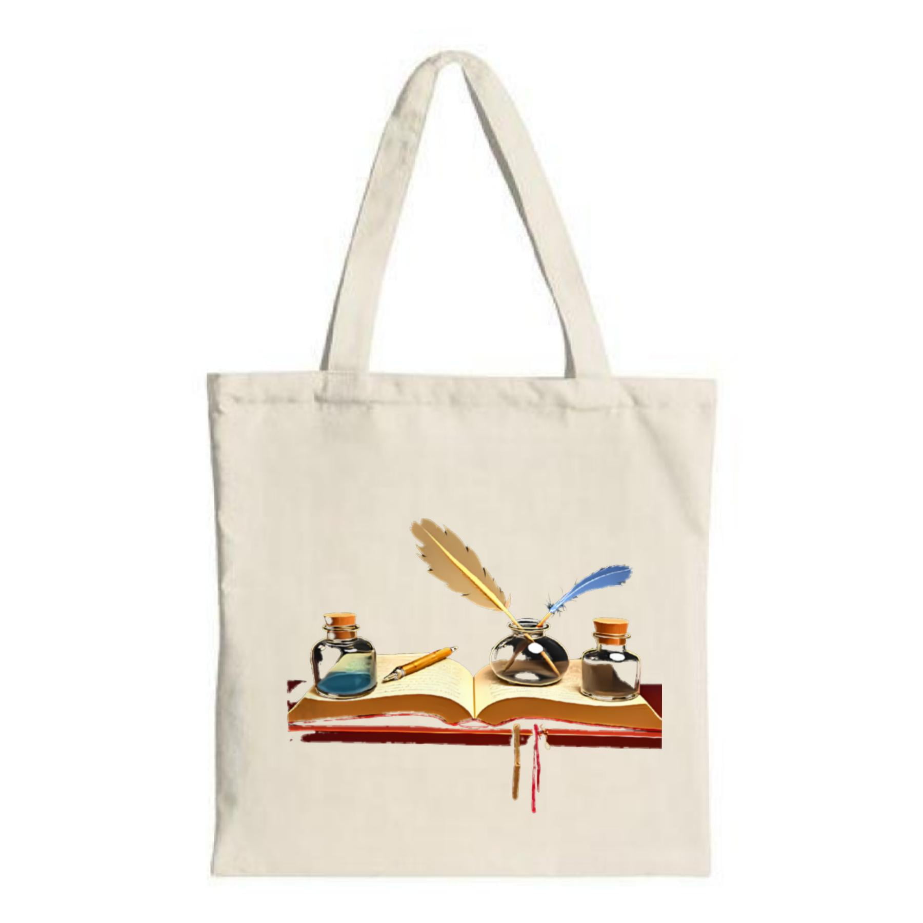 Stylish Canvas Tote Bag with Open Book Ink Bottles & Quills Design ...