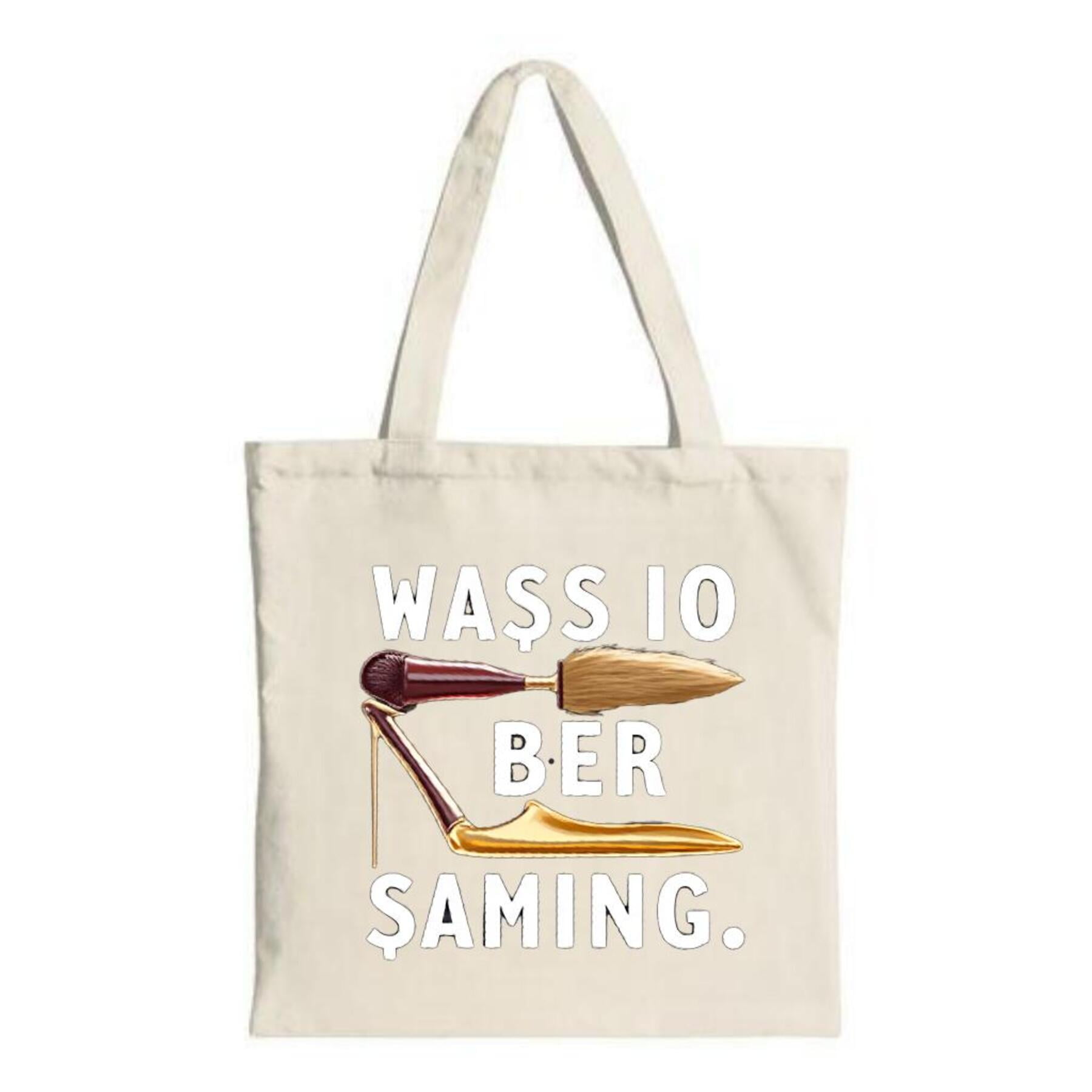 Stylish Canvas Tote Bag with Unique Design of Two Broomsticks and a Shoe - " WAS IO BER SAMING ...