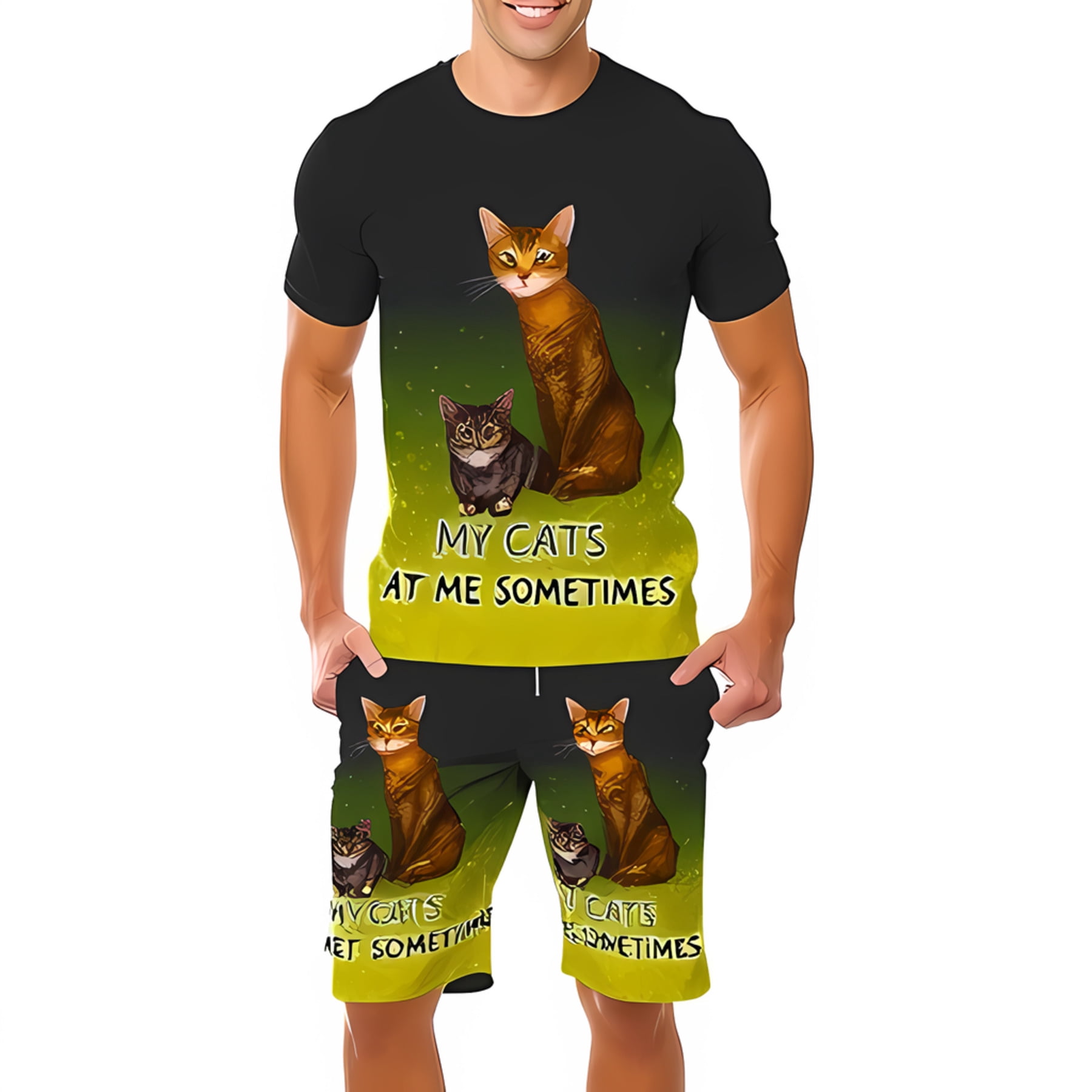 Stylish Cat Print T-Shirt and Shorts Set - Black Tee with Tabby Cats ...