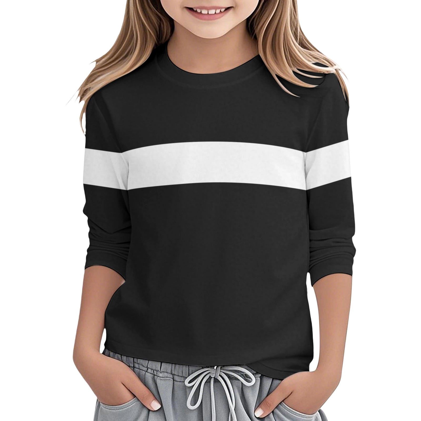 Stylish Color Block Long Sleeve Round Neck Tee For Girls Soft ...