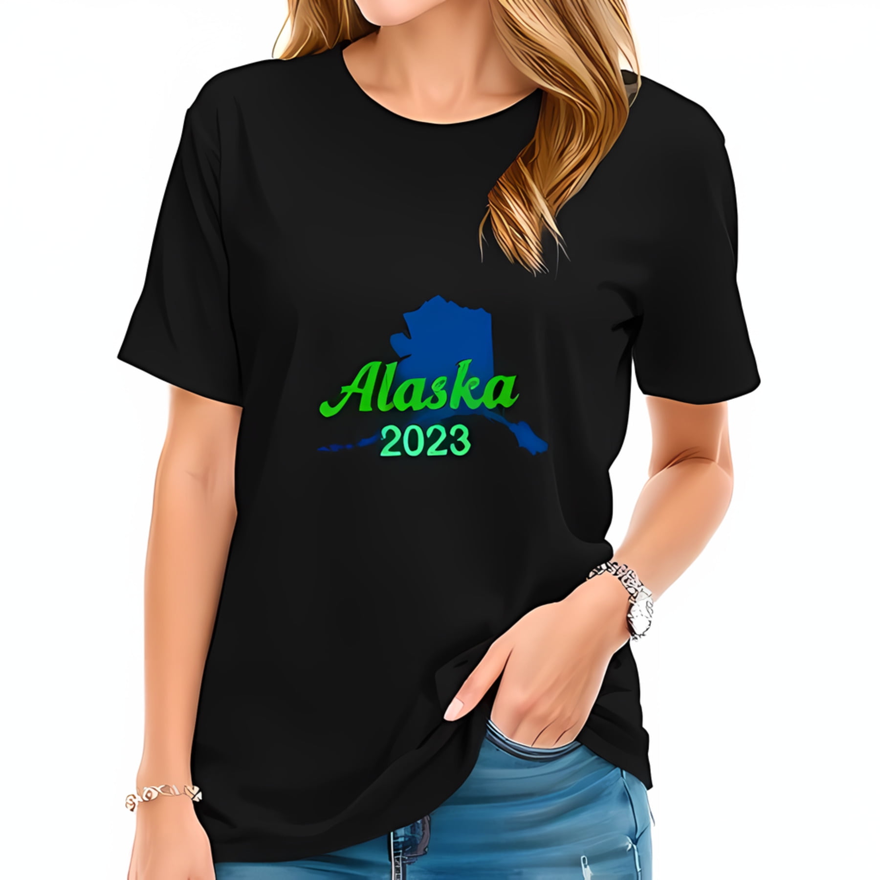 Stylish Cotton Short Sleeve T-Shirt with 'Alaska' in Green Cursive ...