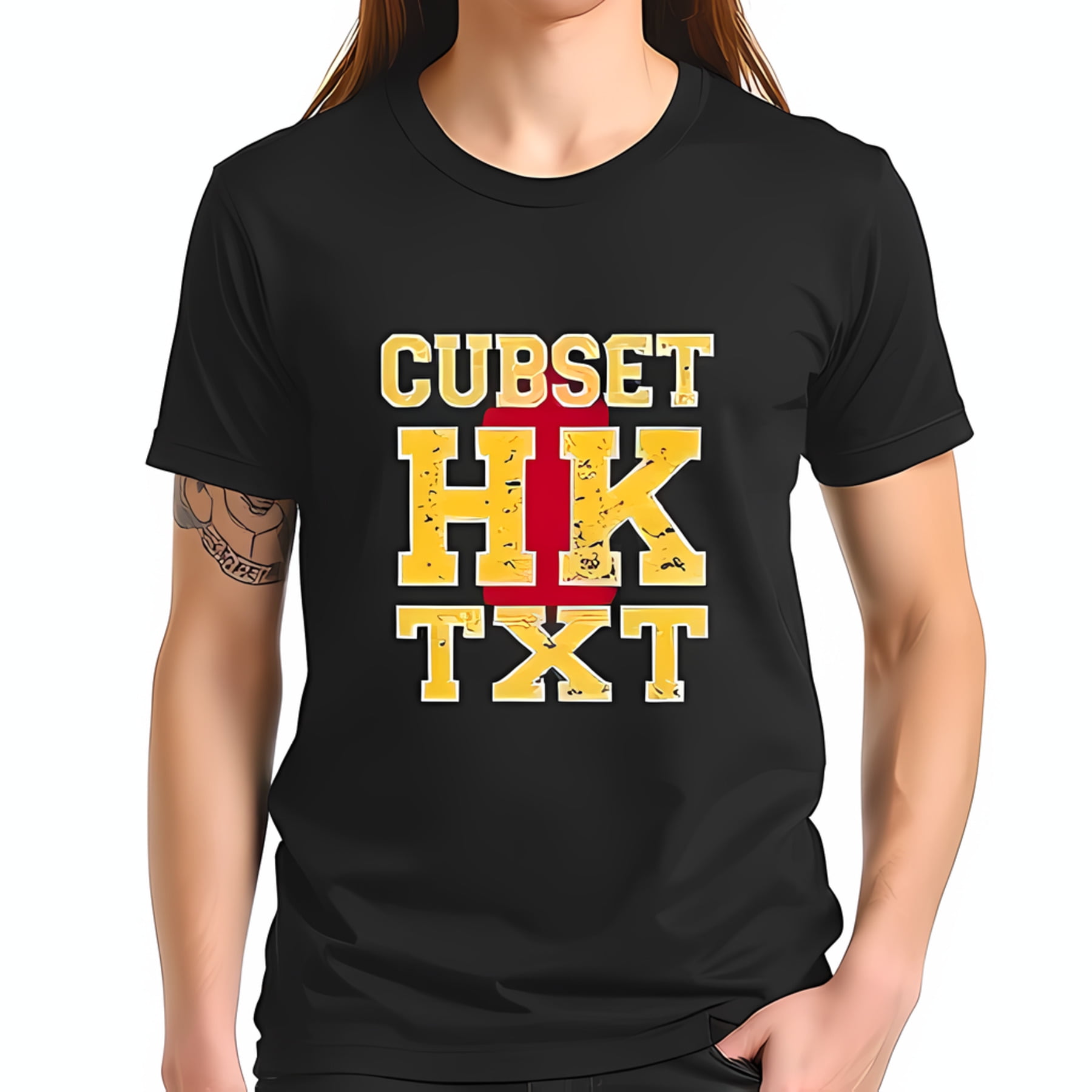 Stylish Cotton Short Sleeve T-Shirt with Bold 'CUBSET HK TXT' Graphic Print in Yellow and Red ...