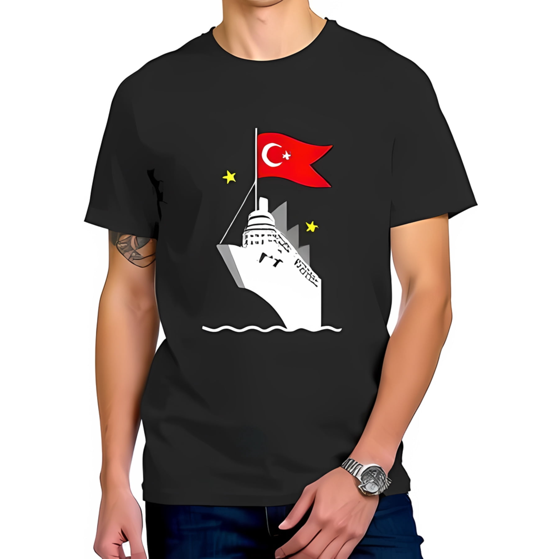 Stylish Cotton Short Sleeve T-Shirt with Bold Ship Graphic and Turkish ...