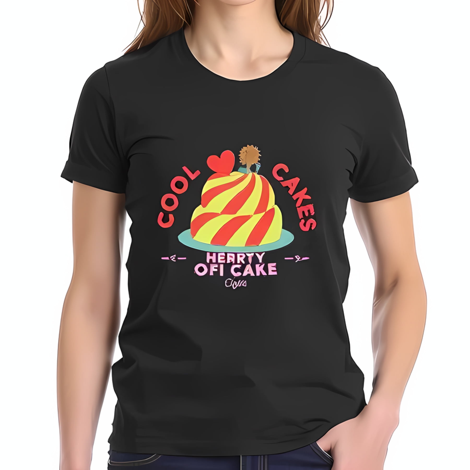 Stylish Cotton Short Sleeve T-Shirt with Colorful Striped Cake Graphic ...