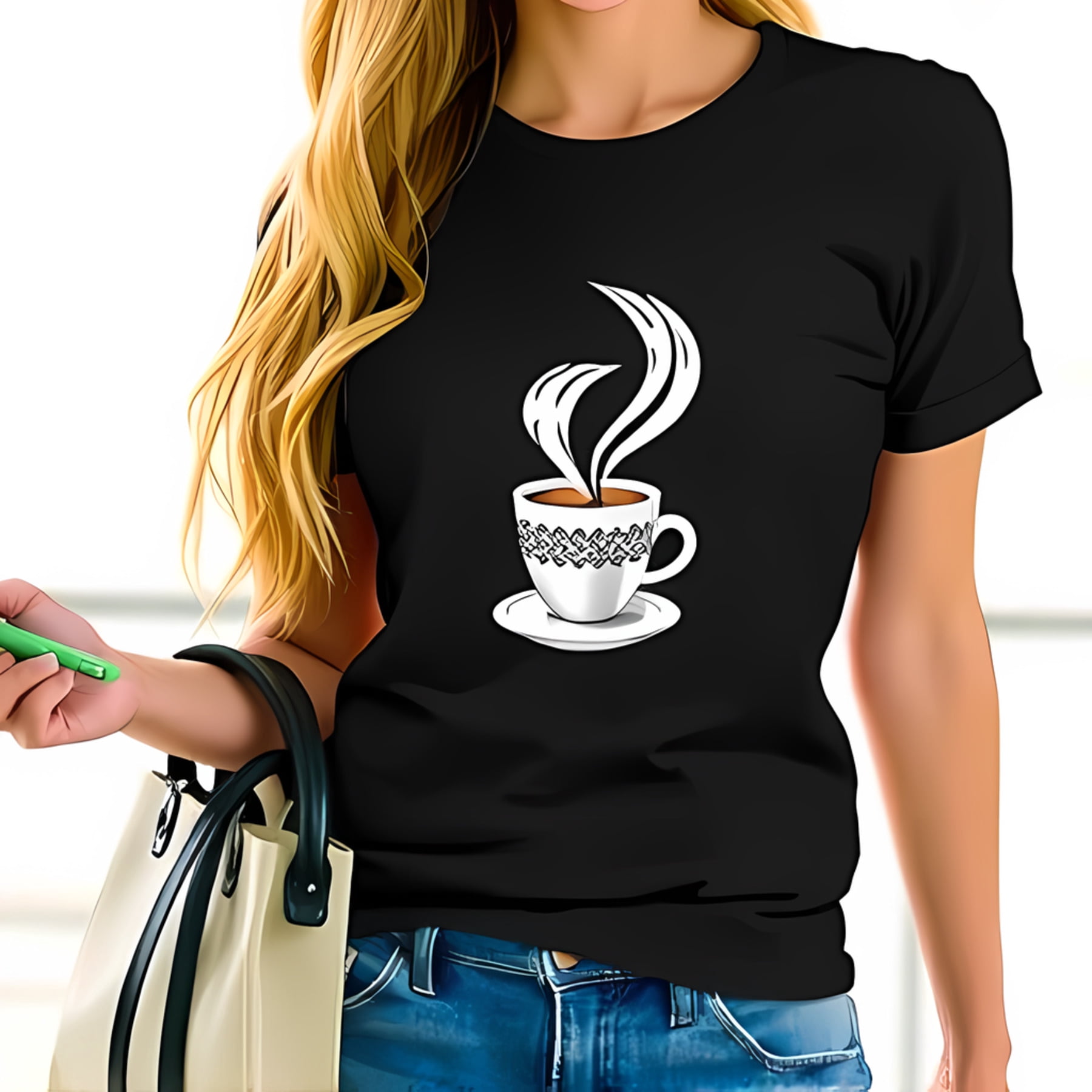 Stylish Cotton Short Sleeve T-Shirt with Elegant Coffee Cup Graphic ...
