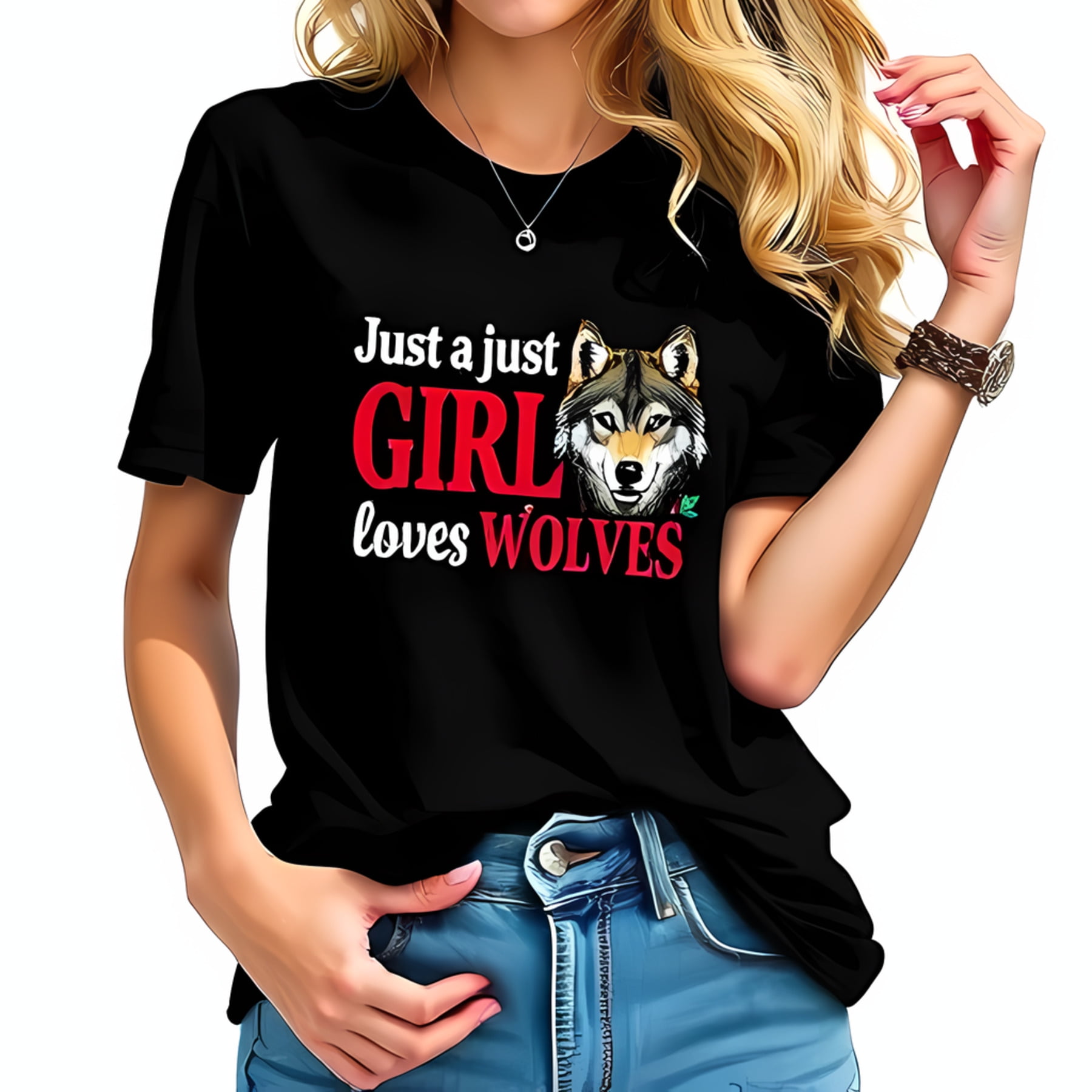 Stylish Cotton Short Sleeve T-Shirt with Fierce Wolf Graphic & " Just a ...