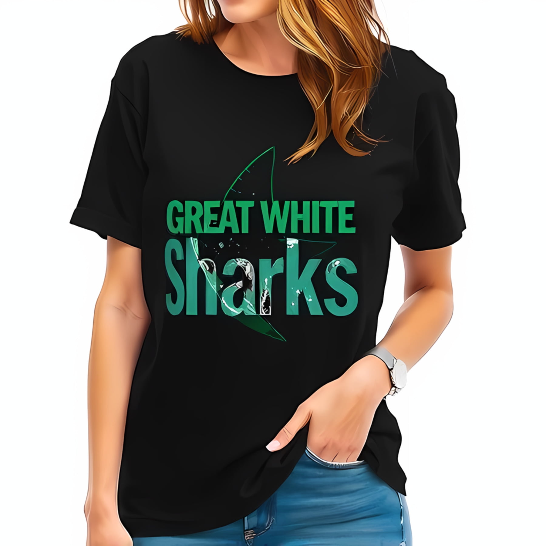 Stylish Cotton Short Sleeve T-Shirt with " GREAT WHITE Sharks " Text ...