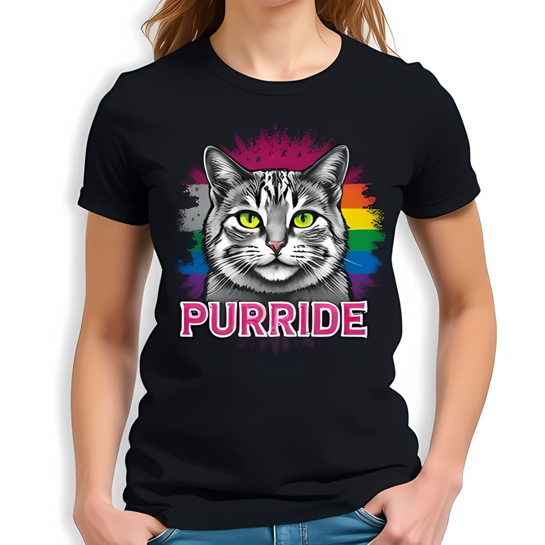 Stylish Cotton Short Sleeve T-Shirt with Grey Tabby Cat & Rainbow Splatter - " PURRIDE " Design ...