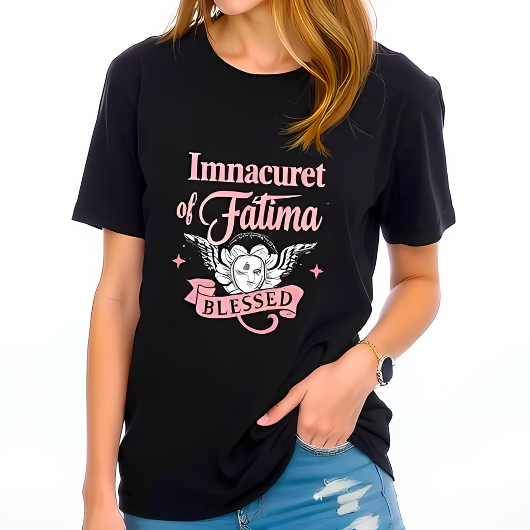 Stylish Cotton Short Sleeve T-Shirt with 'Immacuret of Fatima' in Pink ...
