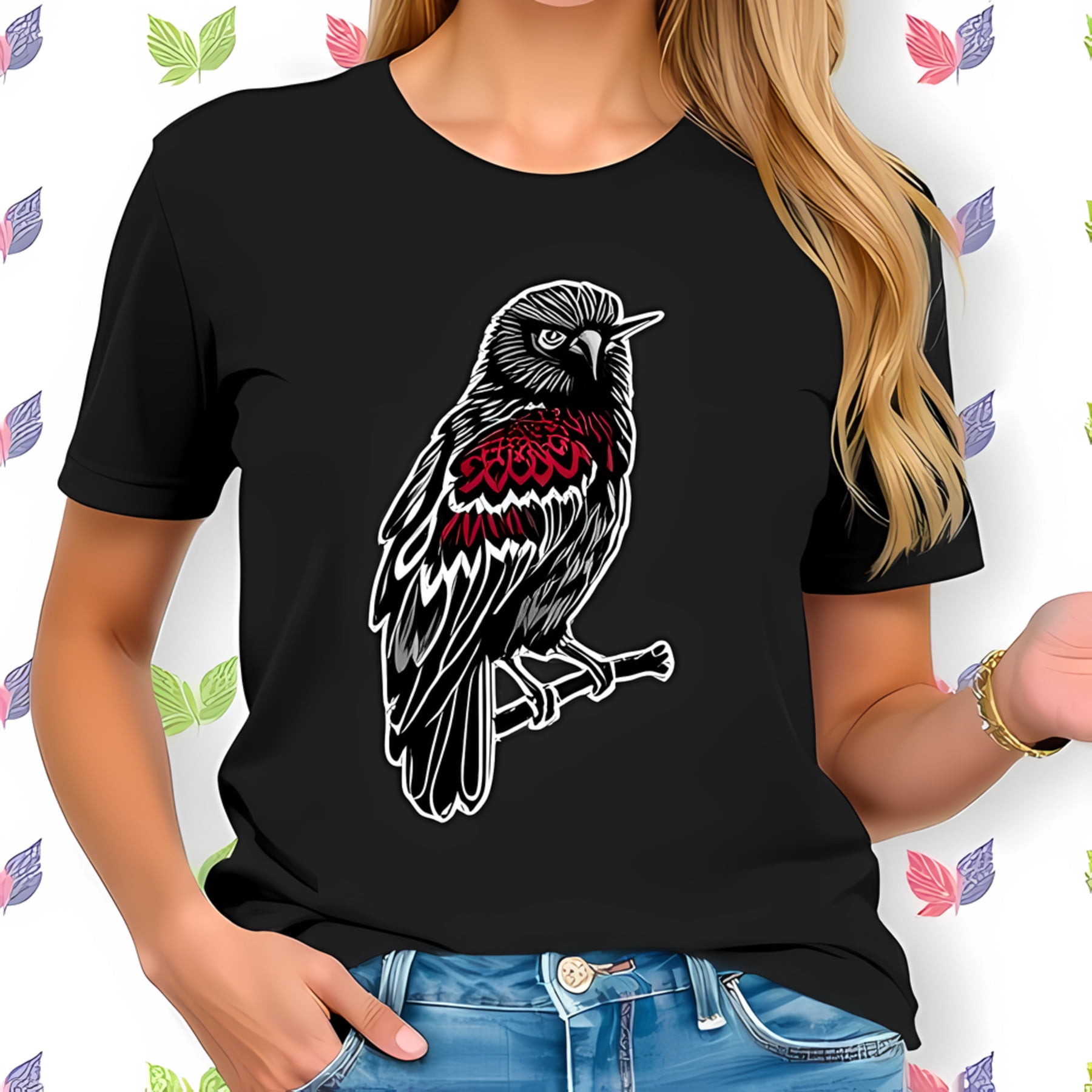 Stylish Cotton Short Sleeve T-Shirt with Intricate Bird Illustration ...