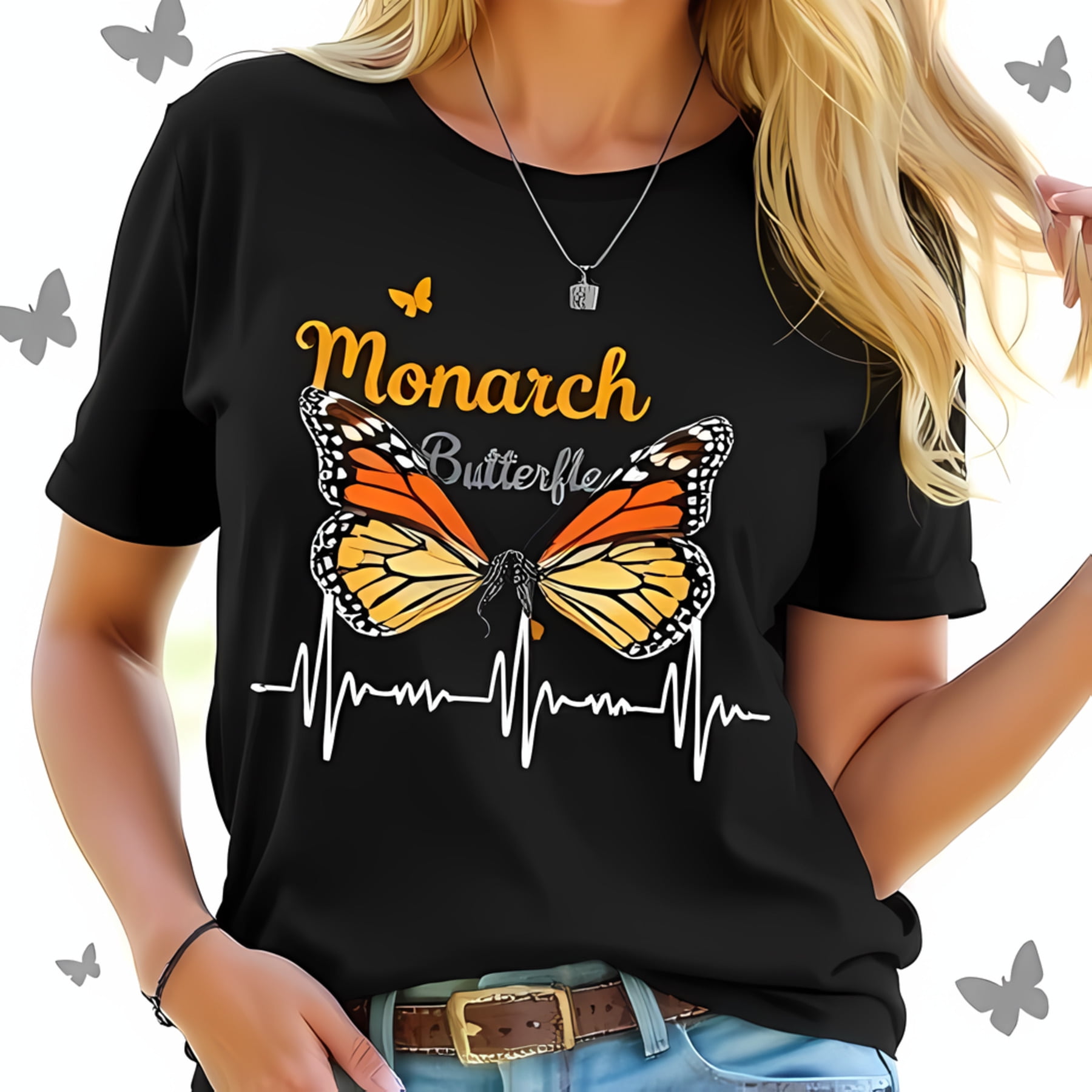 Stylish Cotton Short Sleeve T-Shirt with Monarch Butterfly Graphic ...