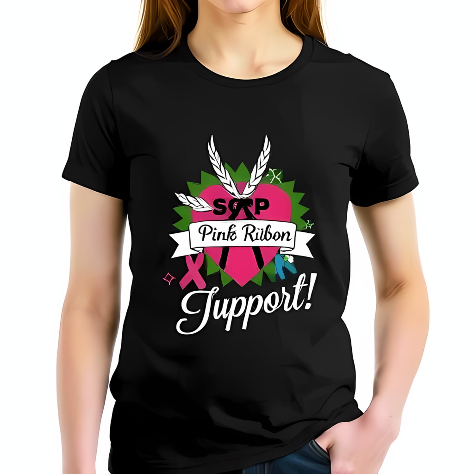 Stylish Cotton Short Sleeve T-Shirt with Pink Heart & Laurel Wreath ...