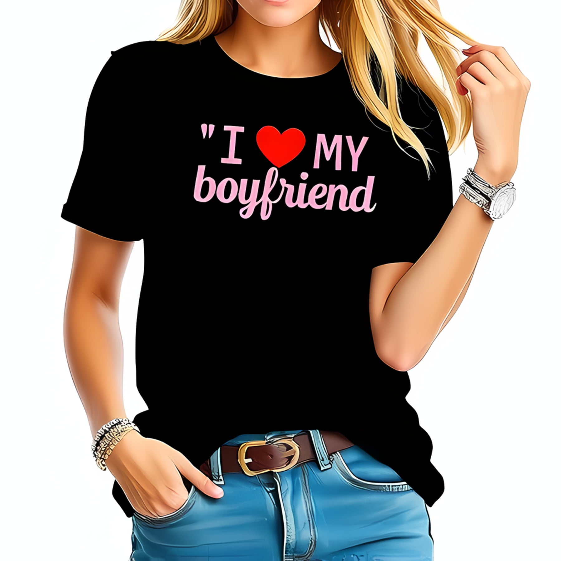 Stylish Cotton Short Sleeve T-Shirt with Playful 'I Love MY Boyfriend ...