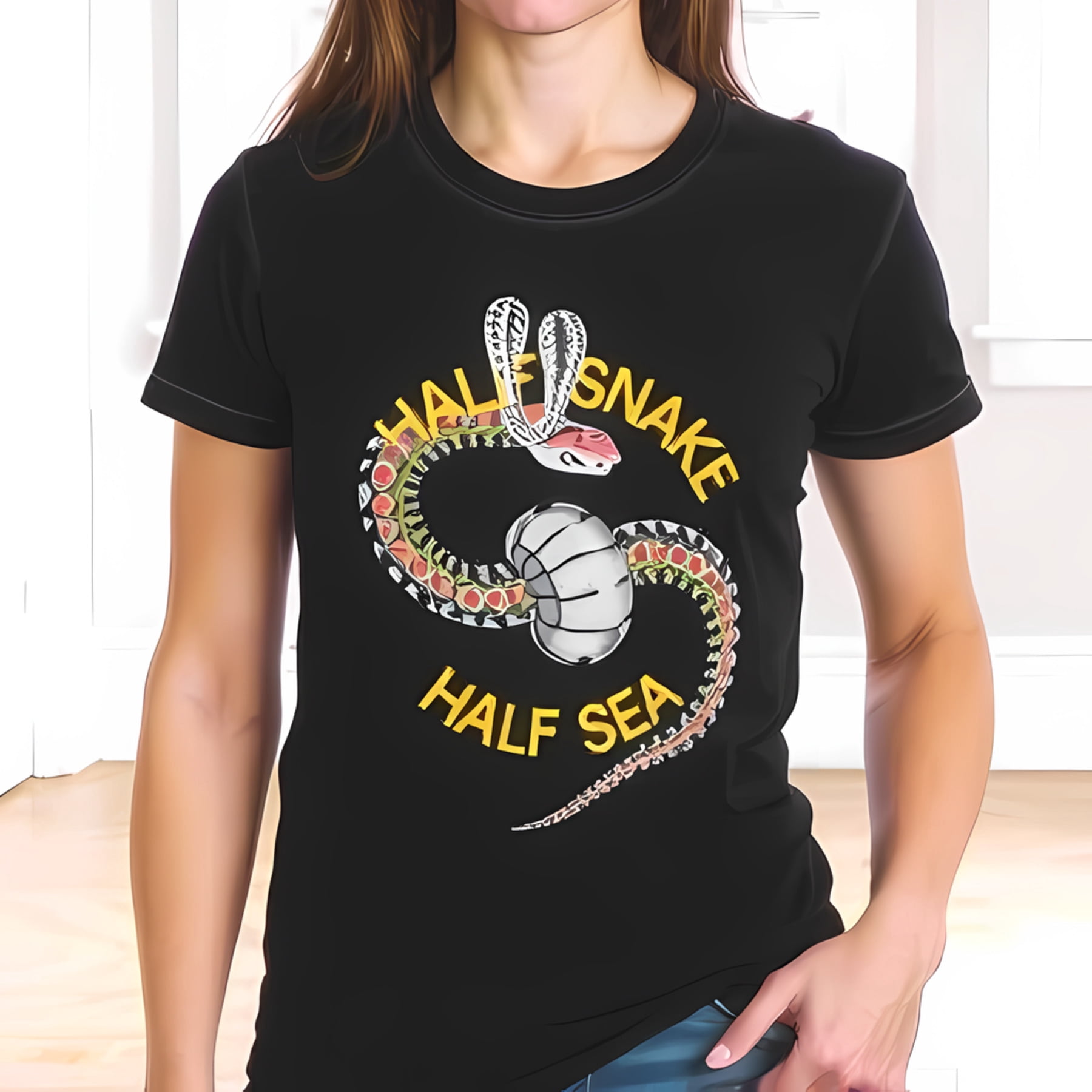 Stylish Cotton Short Sleeve T-Shirt with Unique Half Snake Half Sea ...