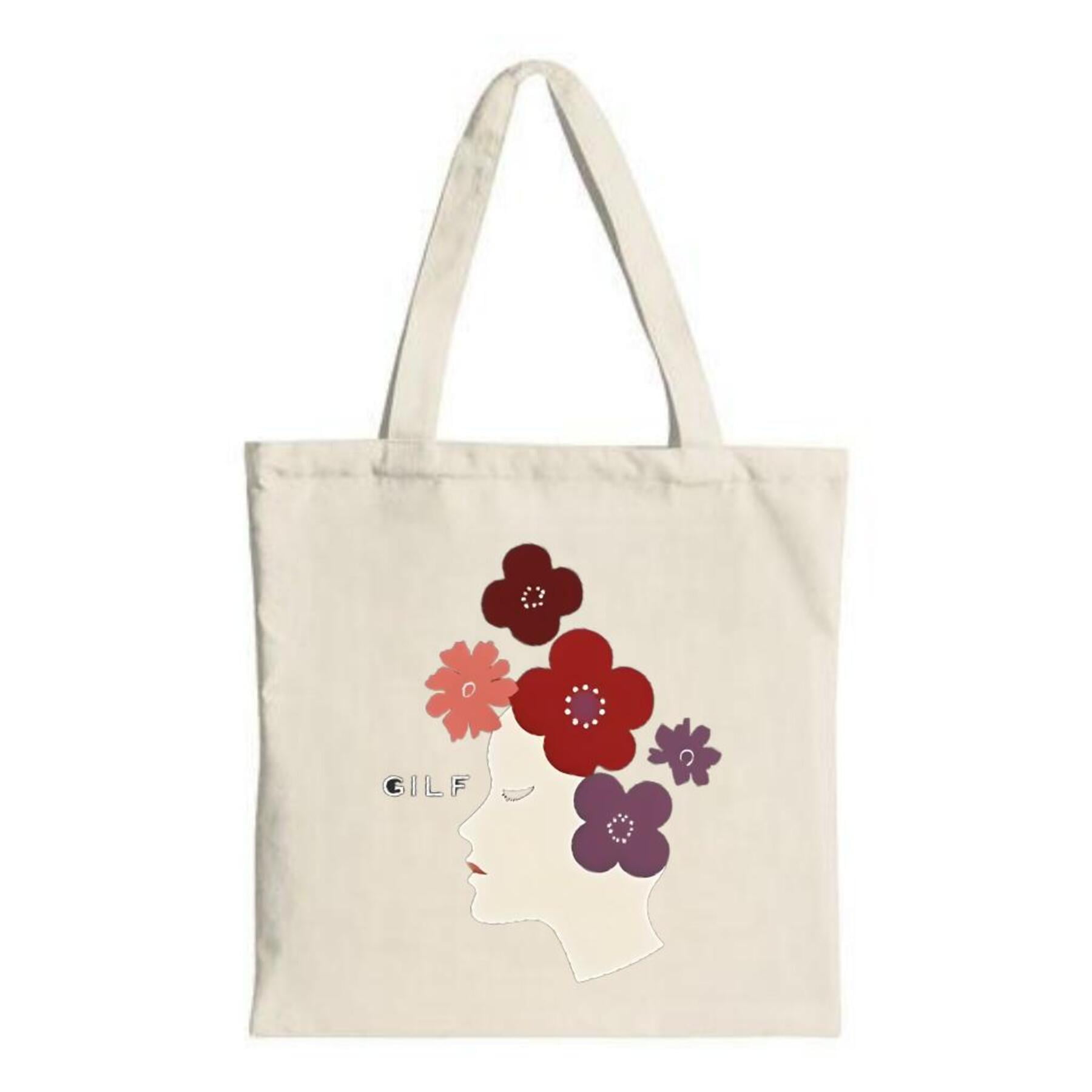 Stylish Cream Canvas Tote Bag with Floral Woman ' s Profile Design ...