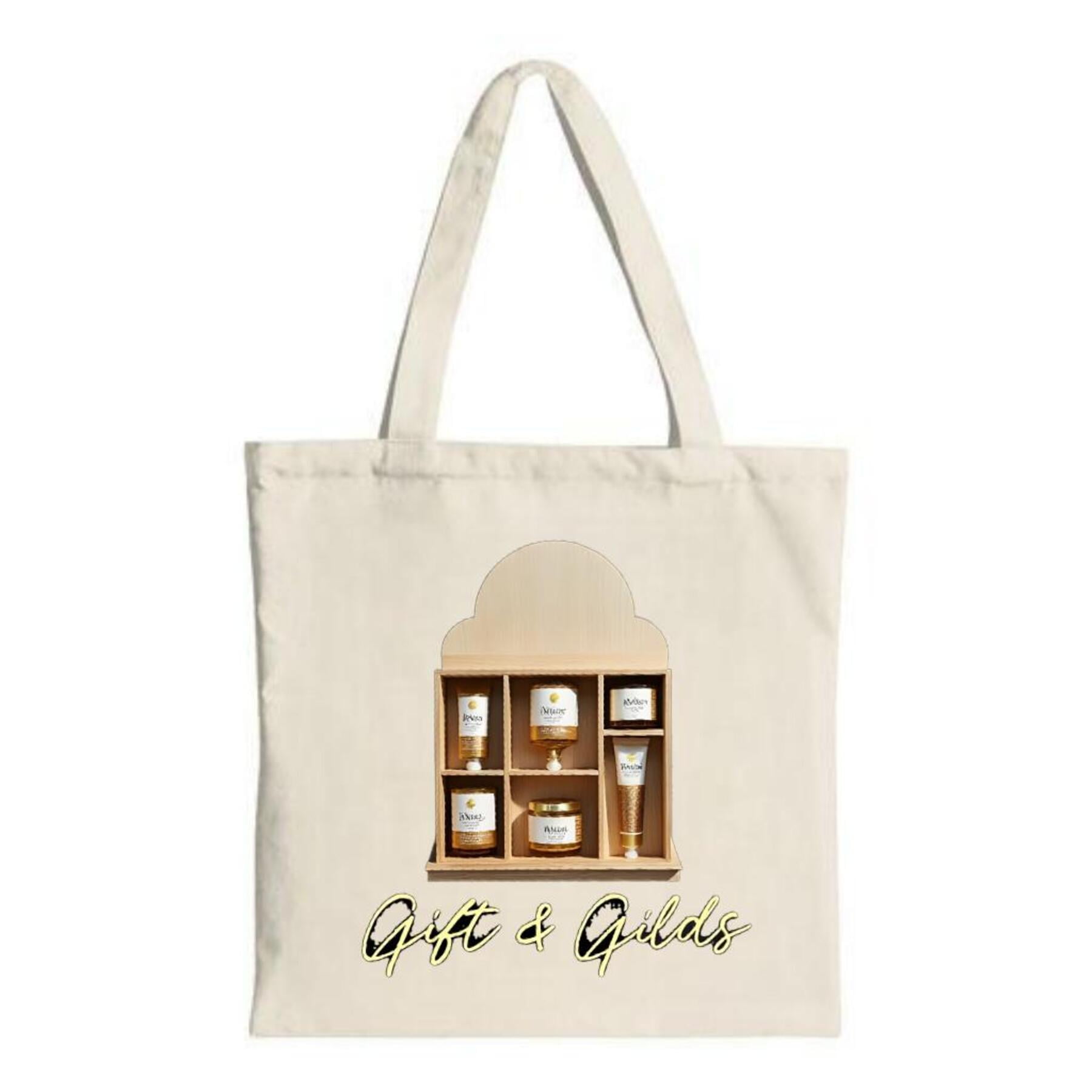 Stylish Cream Canvas Tote Bag with Wooden Display Case & Six ...
