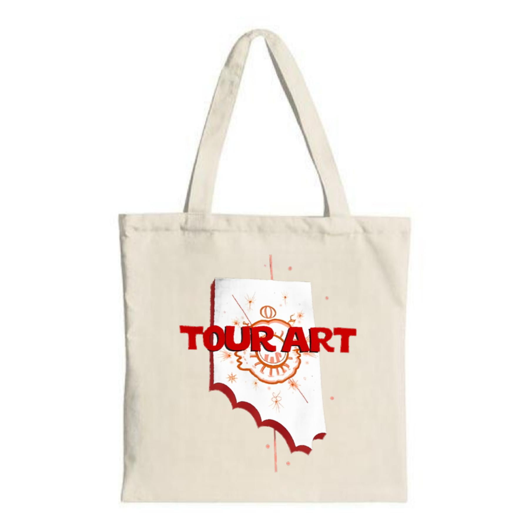Stylish Cream Tote Bag with Bold ' TOUR ART ' in Red Surrounded by ...