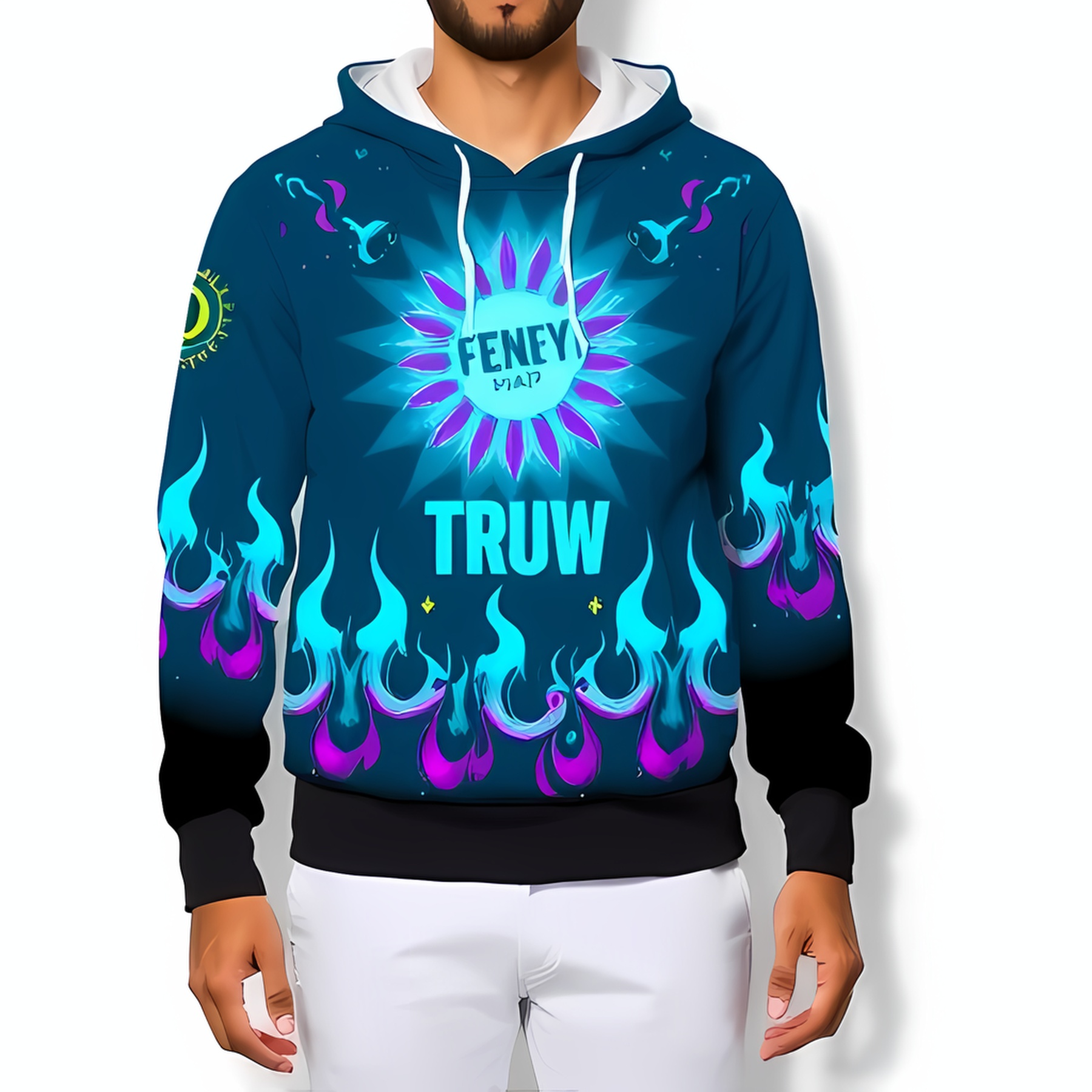 Stylish Dark Teal 3D Hoodie with Vibrant Sun Graphic & Flame Pattern ...