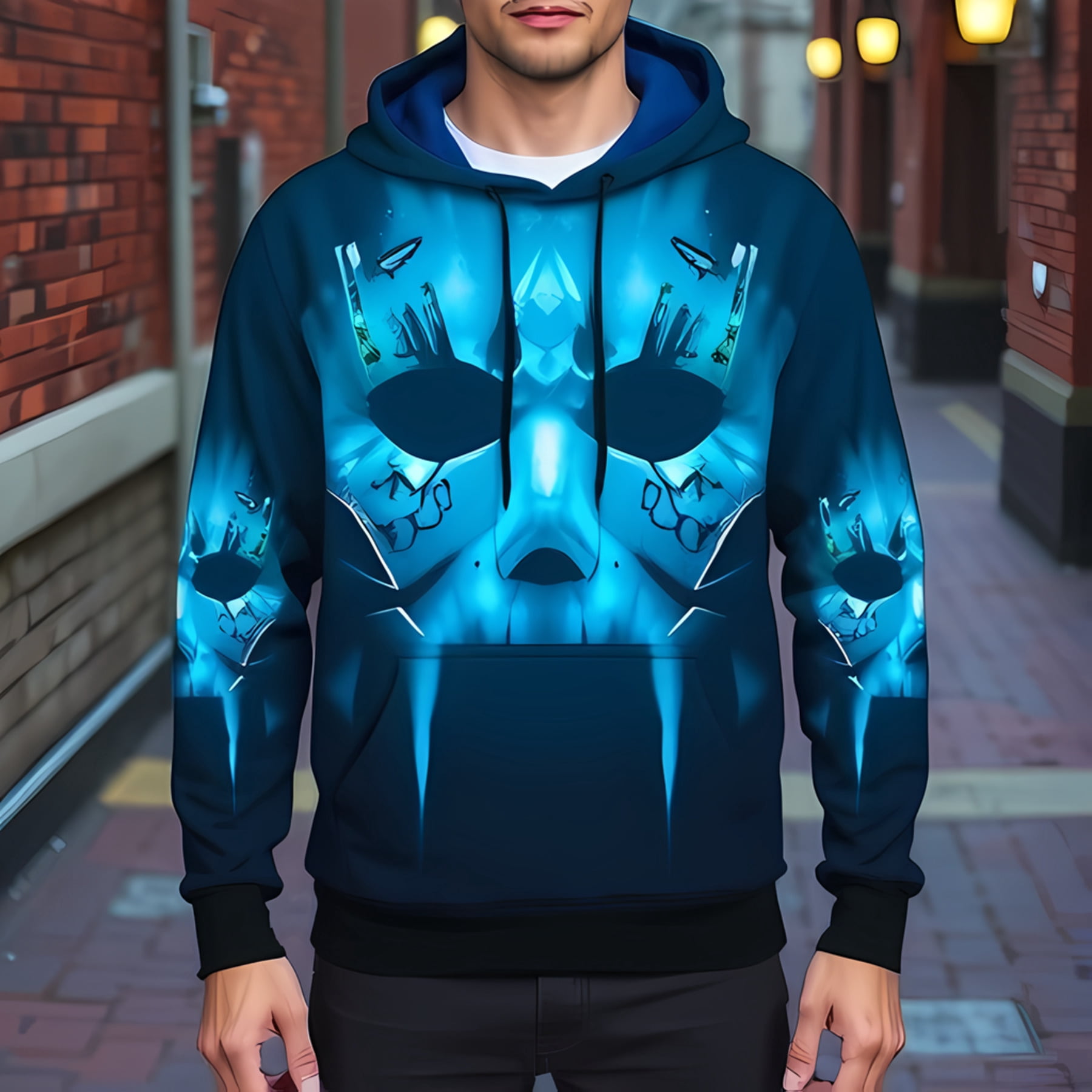 Stylish Dark Teal-Blue 3D Hoodie with Luminescent Mask Graphic Design ...