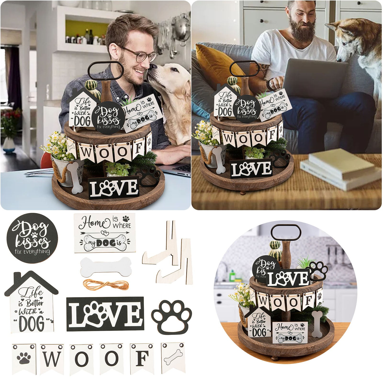 Stylish Dog Tiered Tray Set Wooden Dog Tray Farmhouse Woof Bone Farm ...