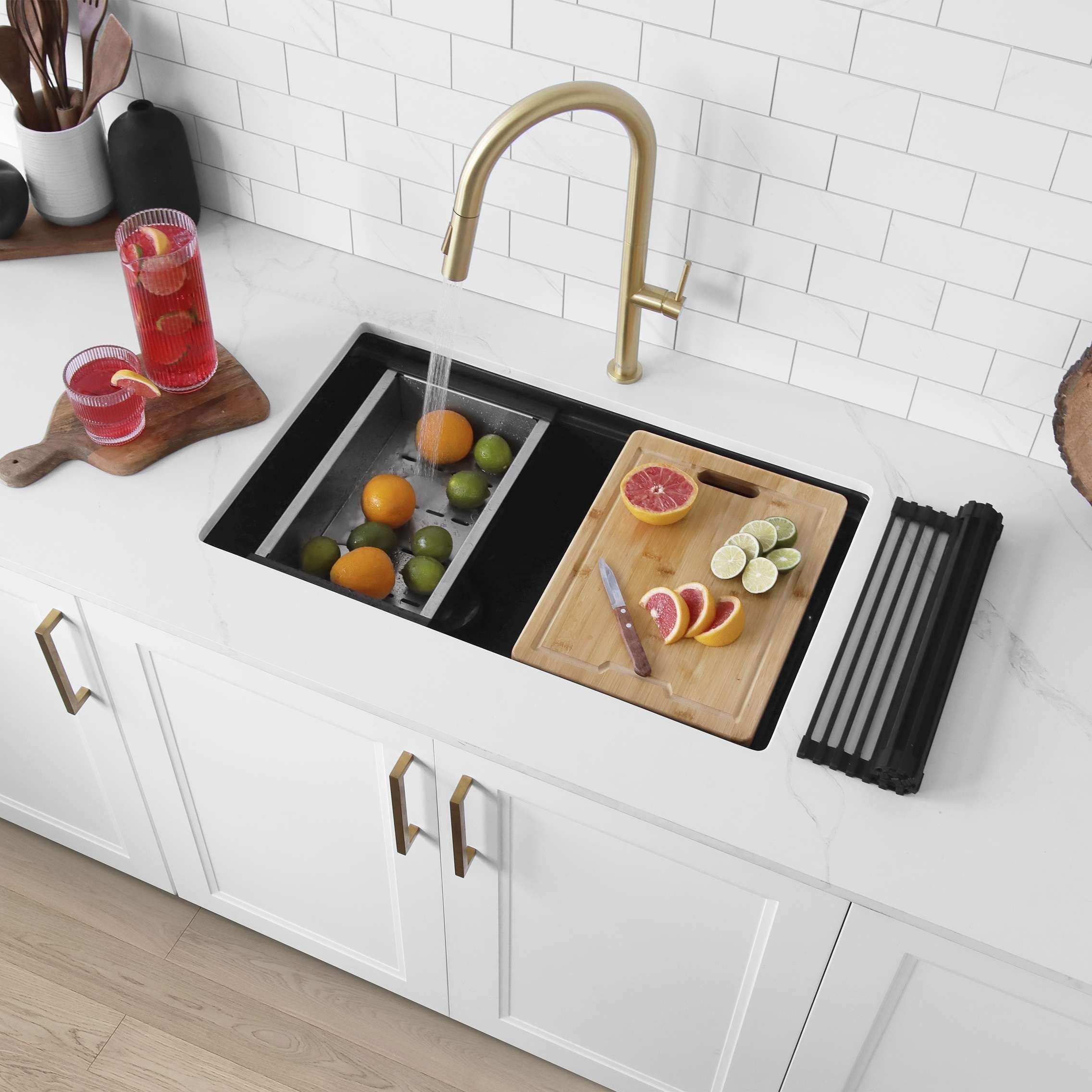 Stylish Dual Mount 30” Black Composite Granite Double-Bowl Kitchen Sink ...