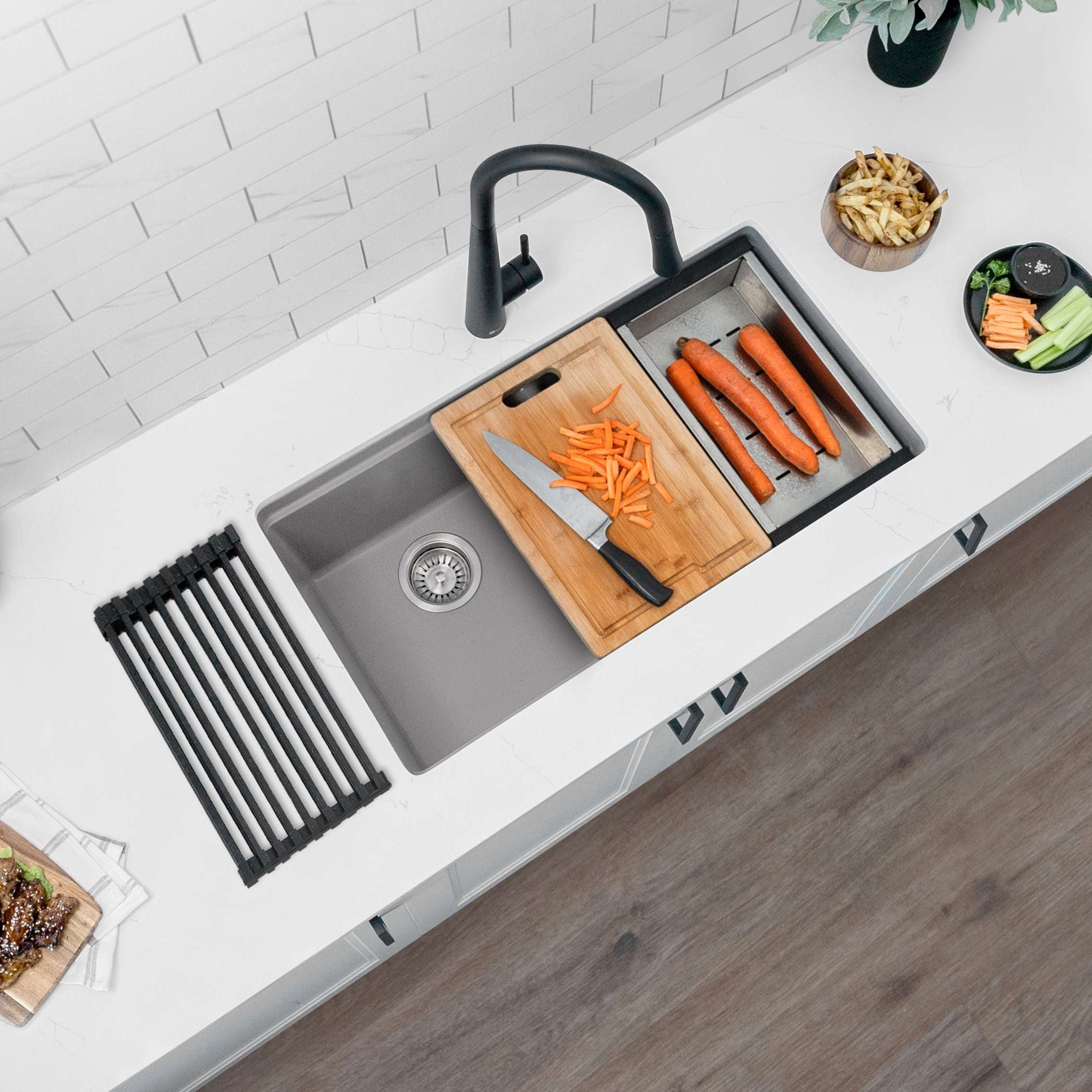 Stylish Dual Mount 33" Gray Composite Granite Double-Bowl Kitchen Sink ...