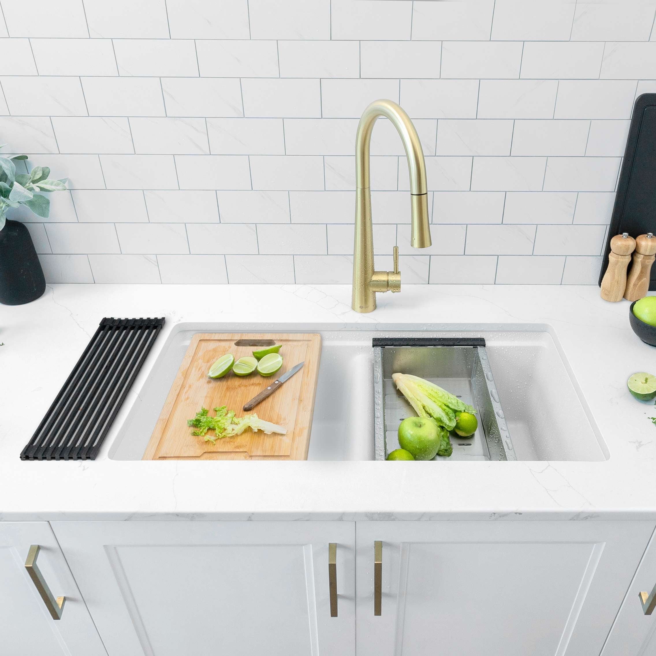 Stylish Dual Mount 33" White Composite Granite Double Bowl Kitchen Sink ...