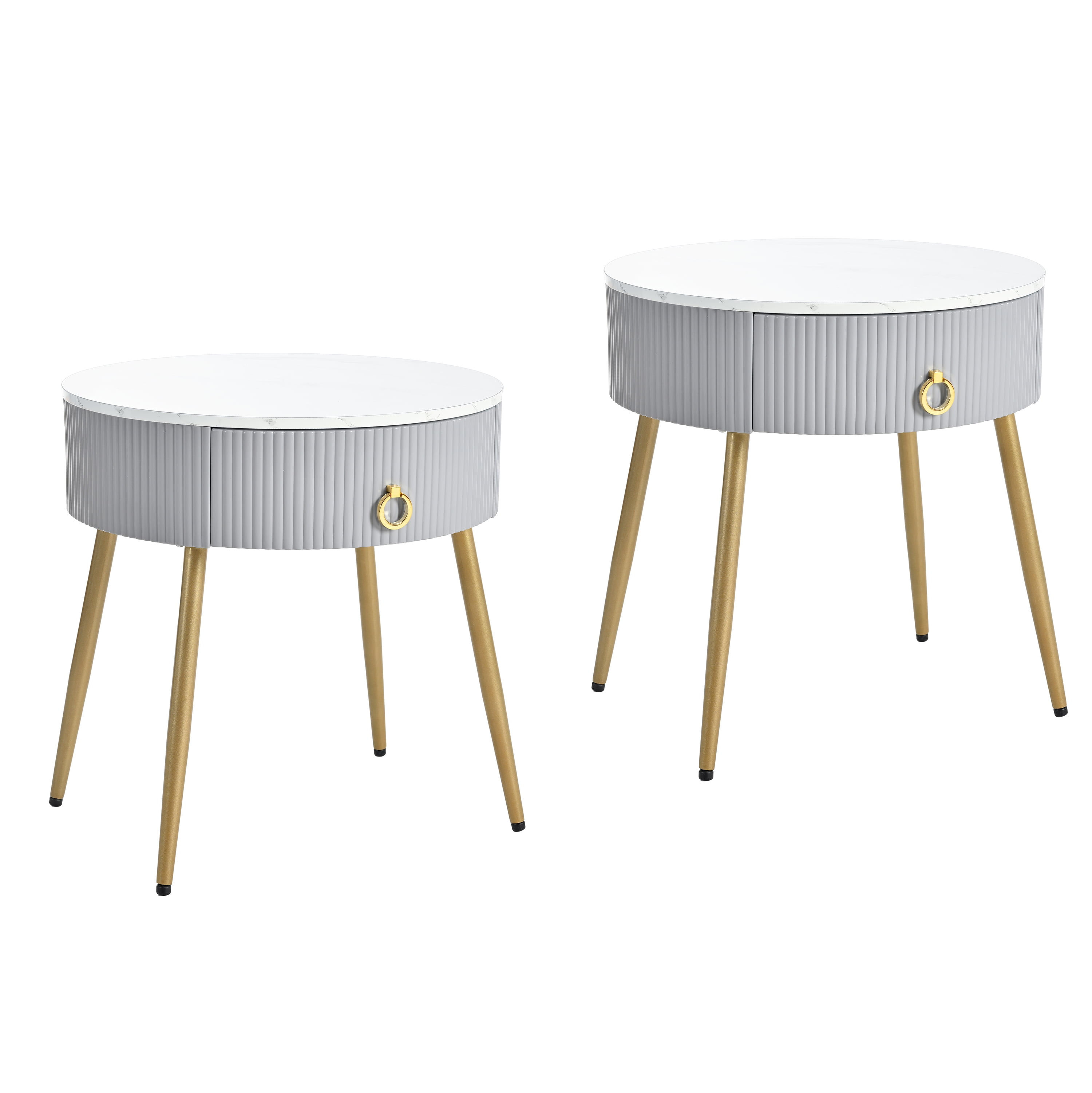 Stylish End Tables Set of 2, Round Fluted Side Tables with Drawers ...
