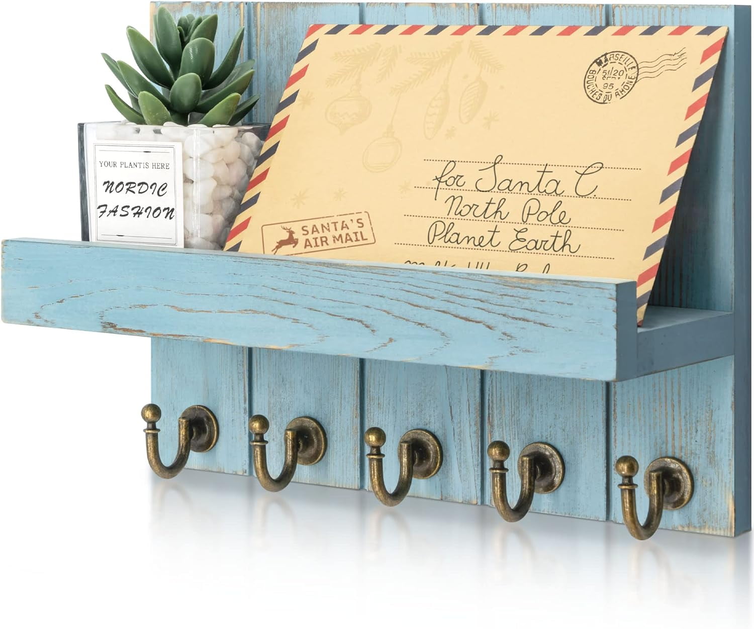 Decorative Farmhouse Key Holder for Wall Natural Wood 5 Hooks Shelf ...