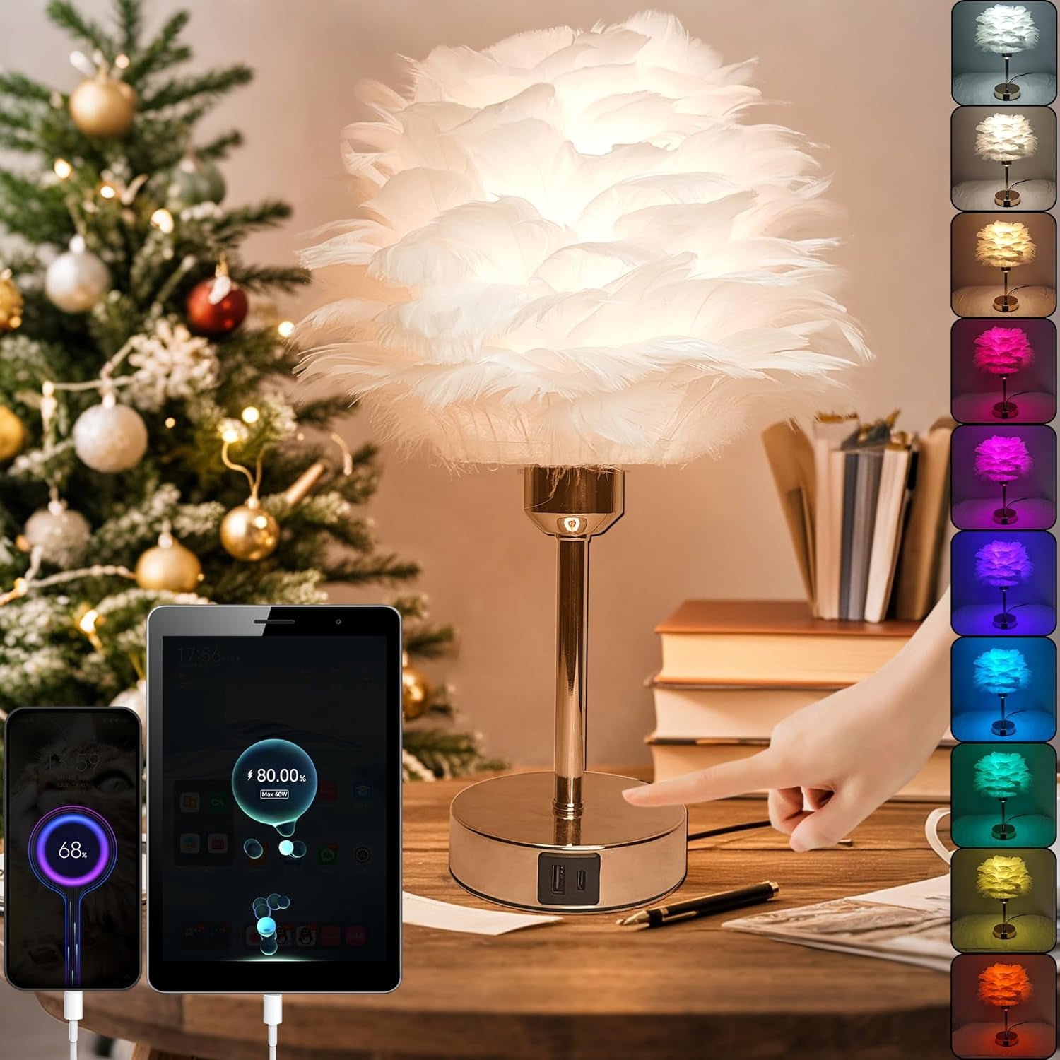 Stylish Feather Lamp Gifts for Women Mom Her, Smart Touch Bedside Table ...