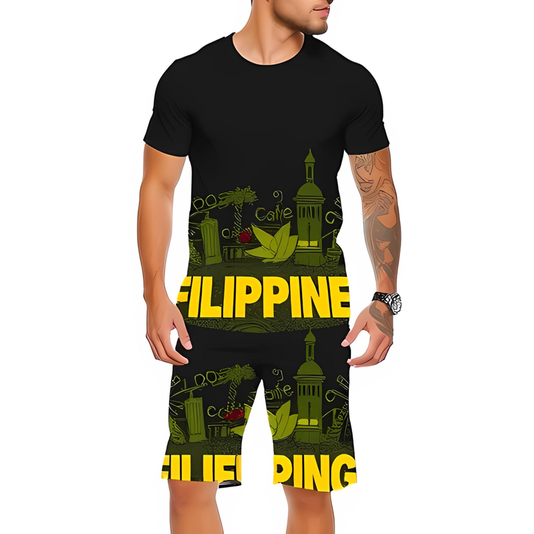 Stylish Filipino Graphic T-Shirt and Shorts Set - Bold Yellow 'Filipino ...