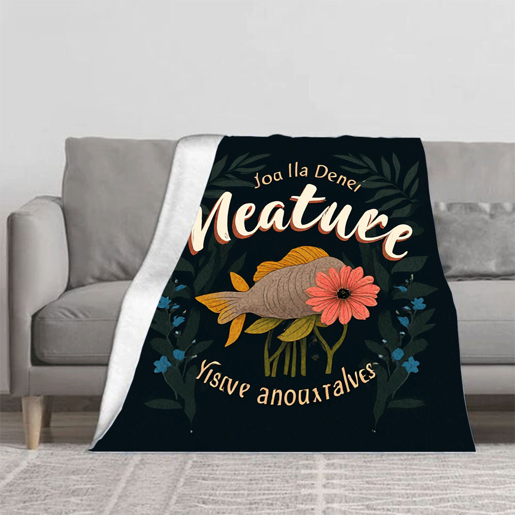 Stylish Flannel Blanket with Vibrant Fish and Floral Design - Soft Cozy ...