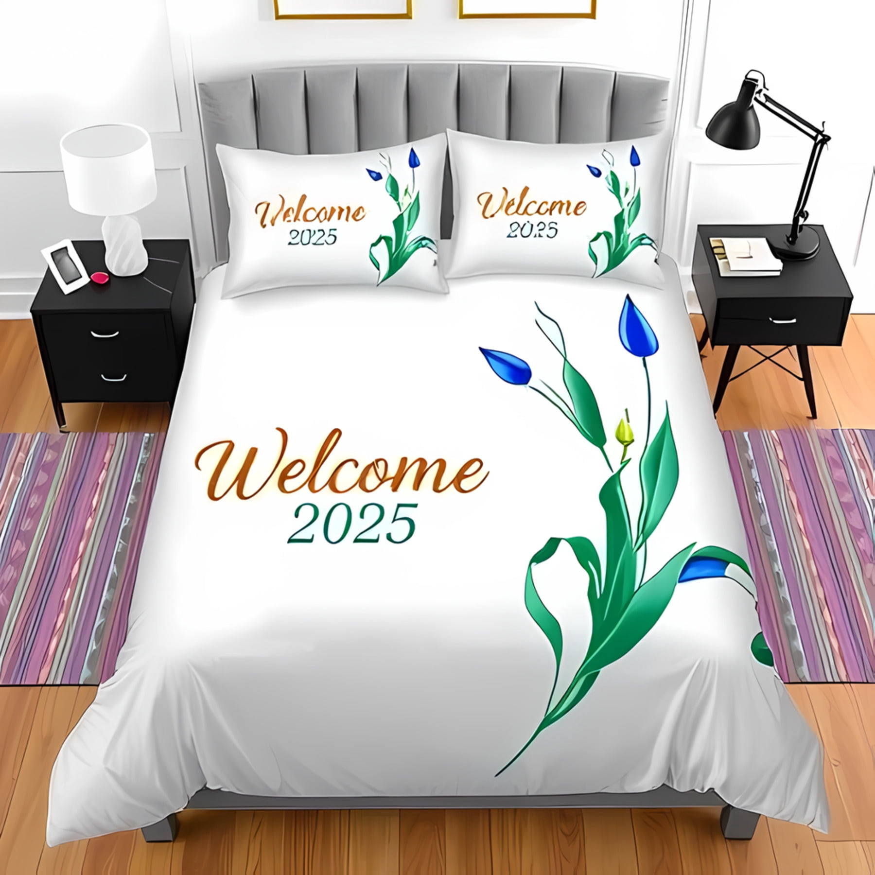 Stylish Floral Duvet Cover Set with Blue Tulips & Green Leaves ...