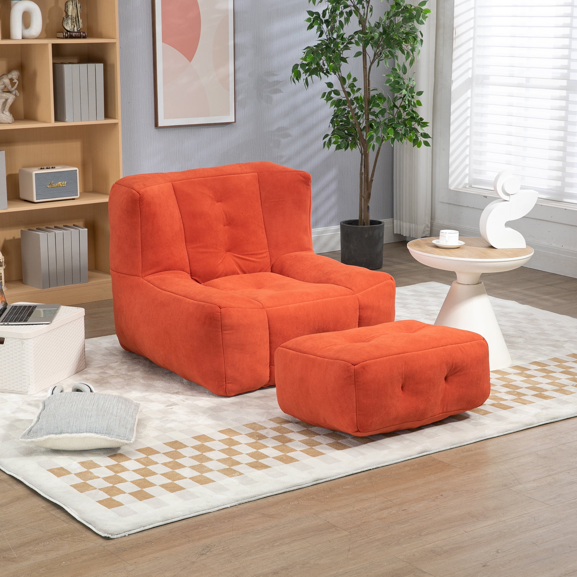 Stylish Fluffy Bean Bag Chair with Foot Stool, Modern Accent Comfy Bean ...