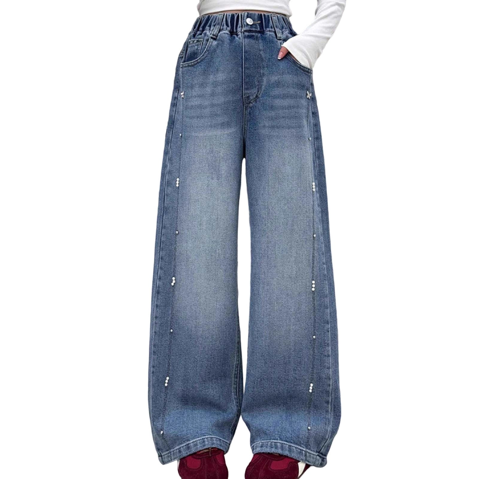 Stylish Girls Denim Pants Classic Straight Leg Design With Decorative ...