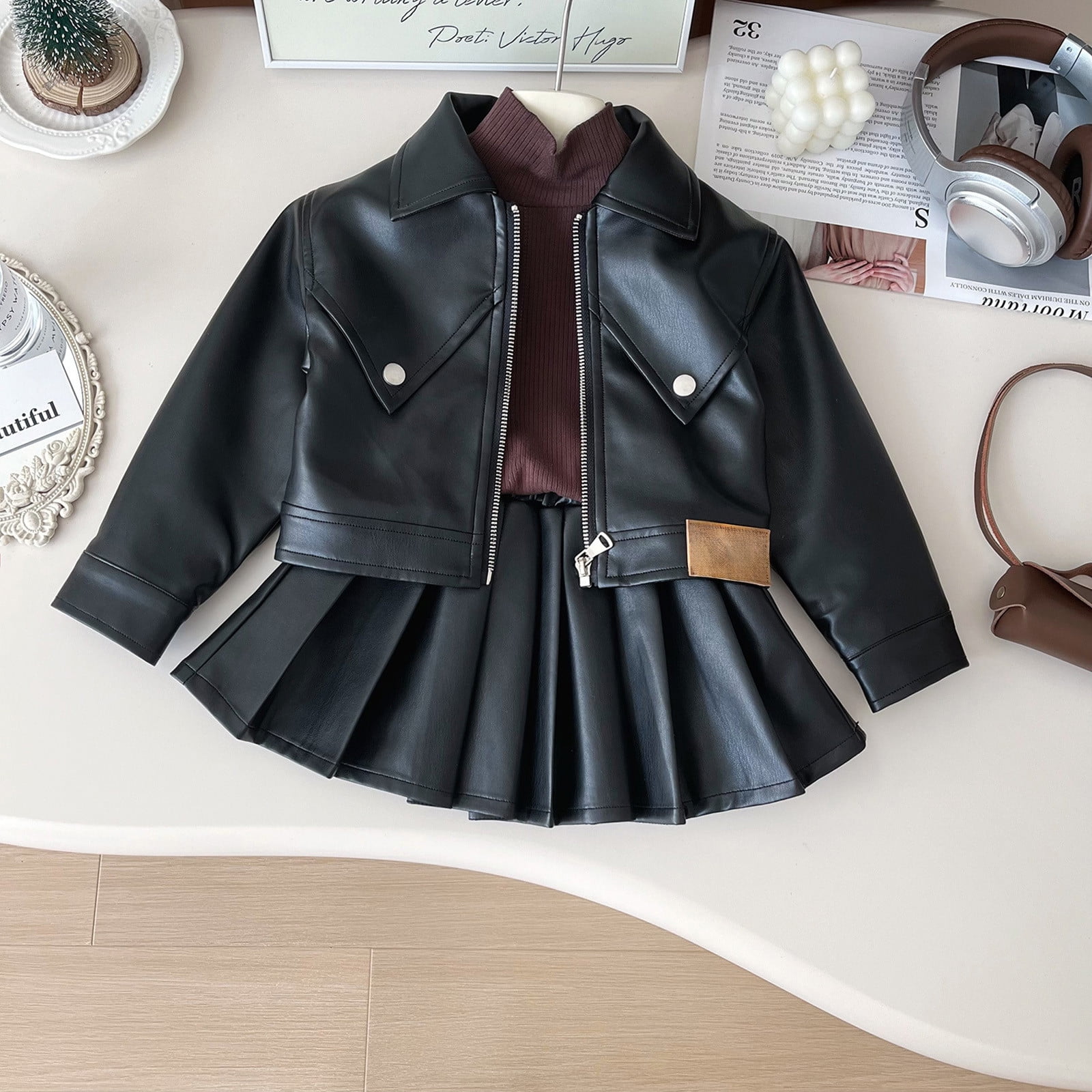 Stylish Girls' Leather Jacket and Pleated Skirt Set for Autumn 2024 ...