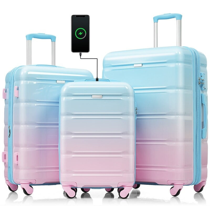 Stylish Gradient Colors Luggage Set of 3, Carry-on Trunk Sets with USB ...