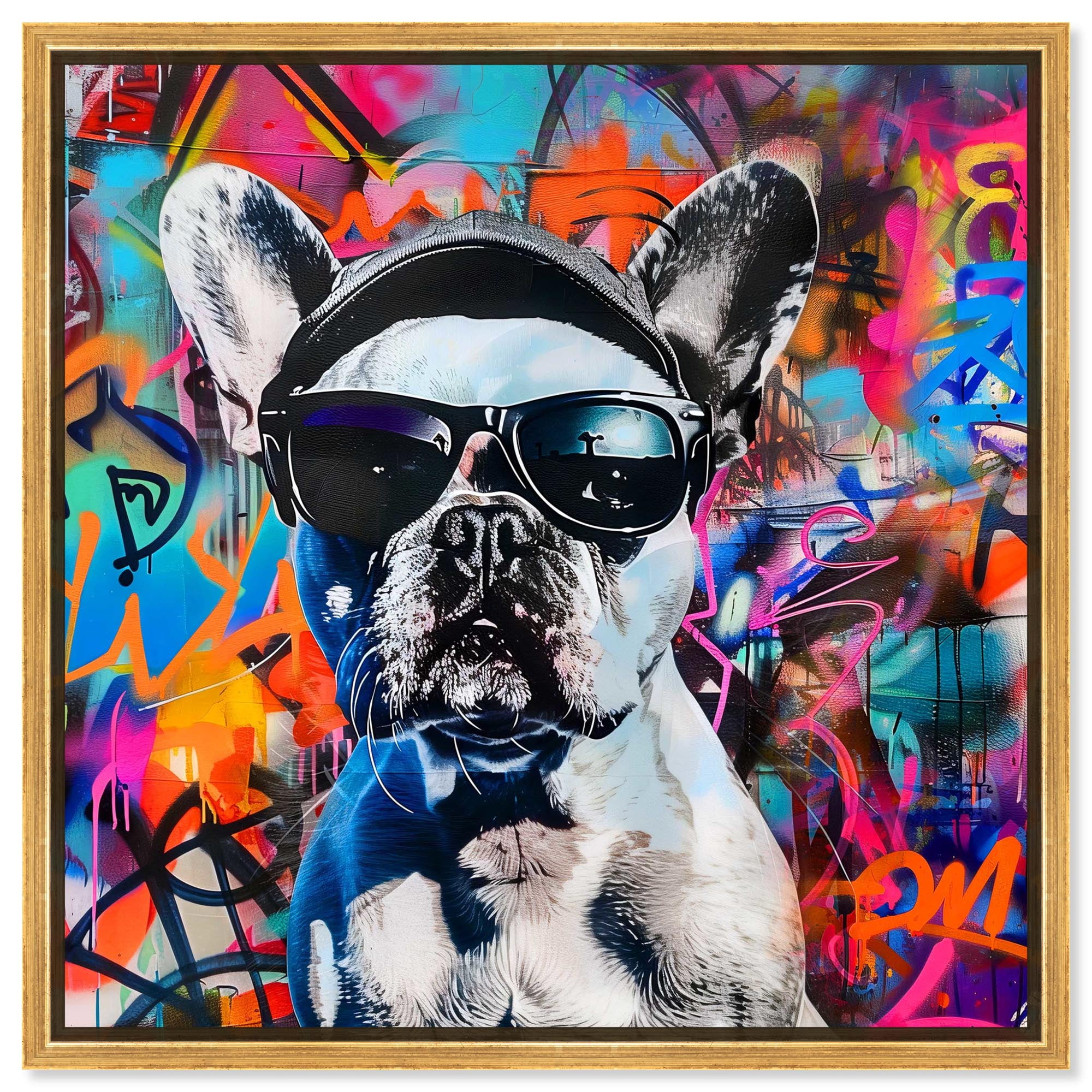 Stylish Graffiti Frenchie Canvas Graffiti Art by Art Remedy, Gold Frame ...