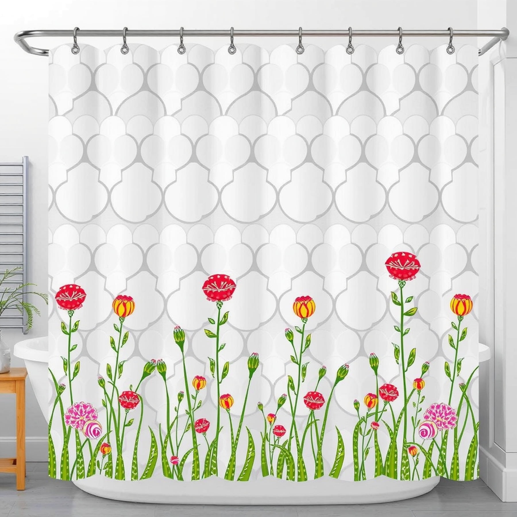 Stylish Gray Arabesque Shower Curtain with Colorful Floral Bottom ...