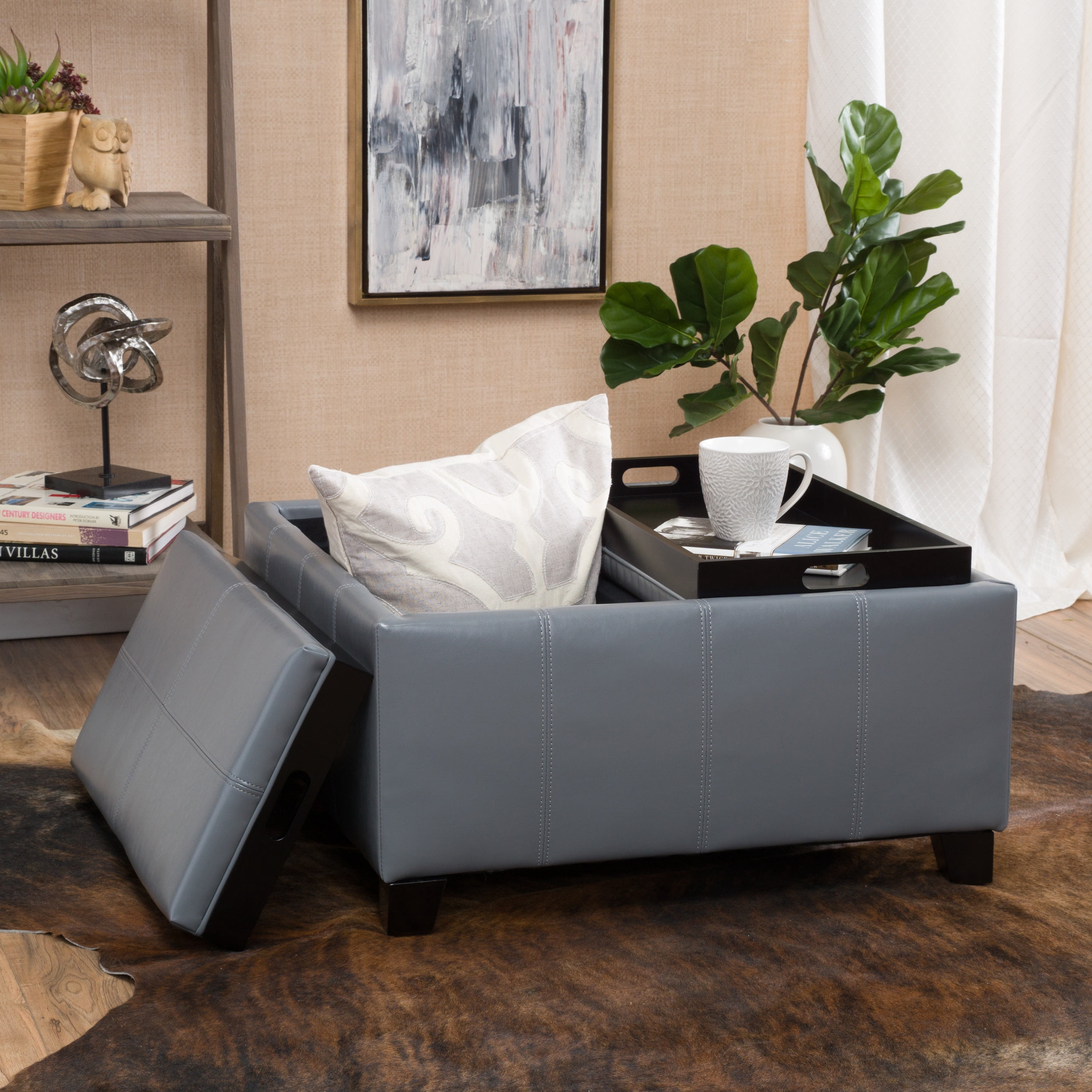 Stylish Gray Ottoman with Reversible Trays - Versatile Faux Leather ...