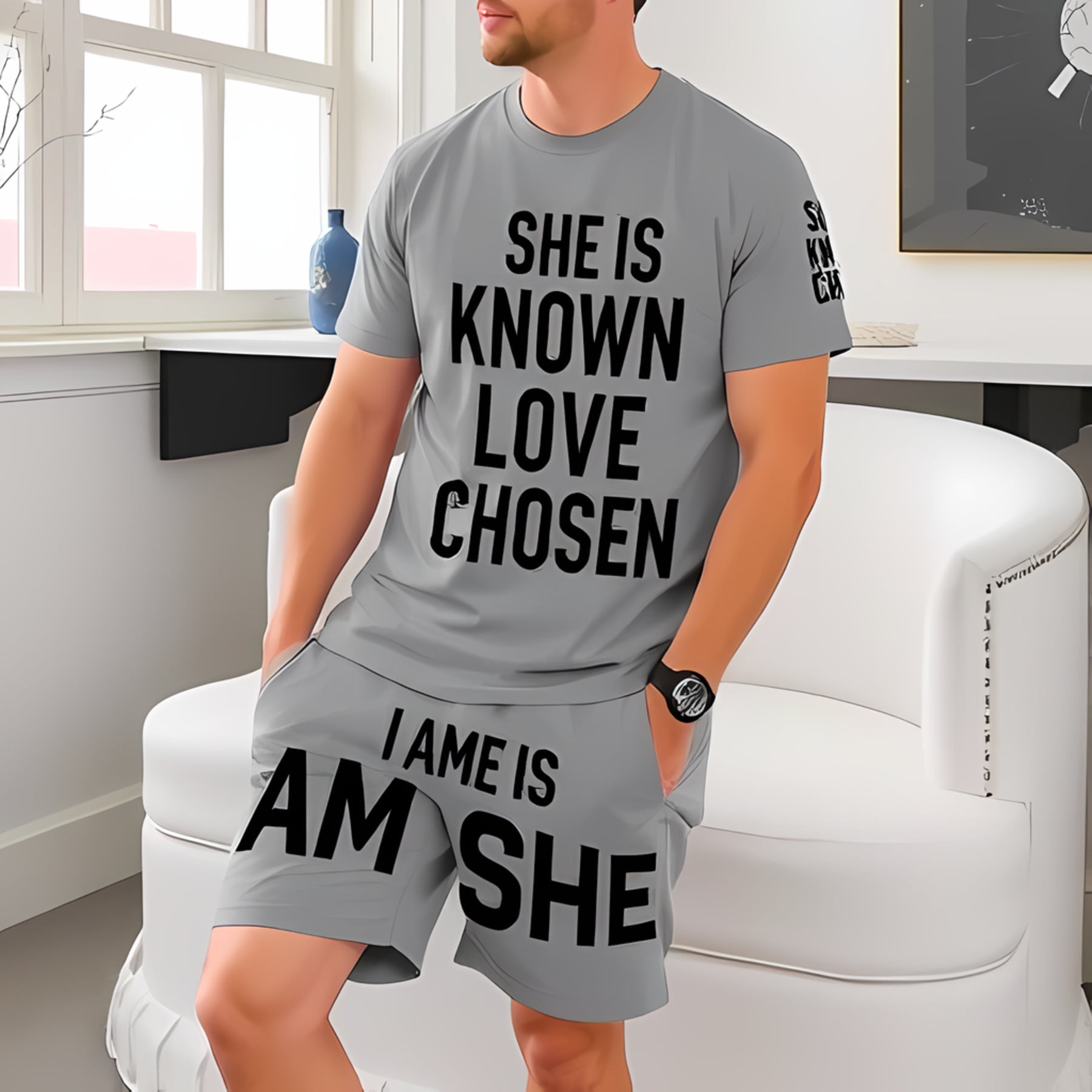 Stylish Gray T-Shirt and Shorts Set with Bold Black Text - " SHE IS ...