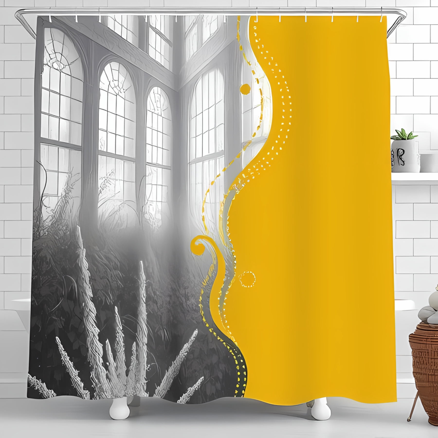 Stylish Grayscale Botanical Shower Curtain with Vibrant Mustard Yellow ...