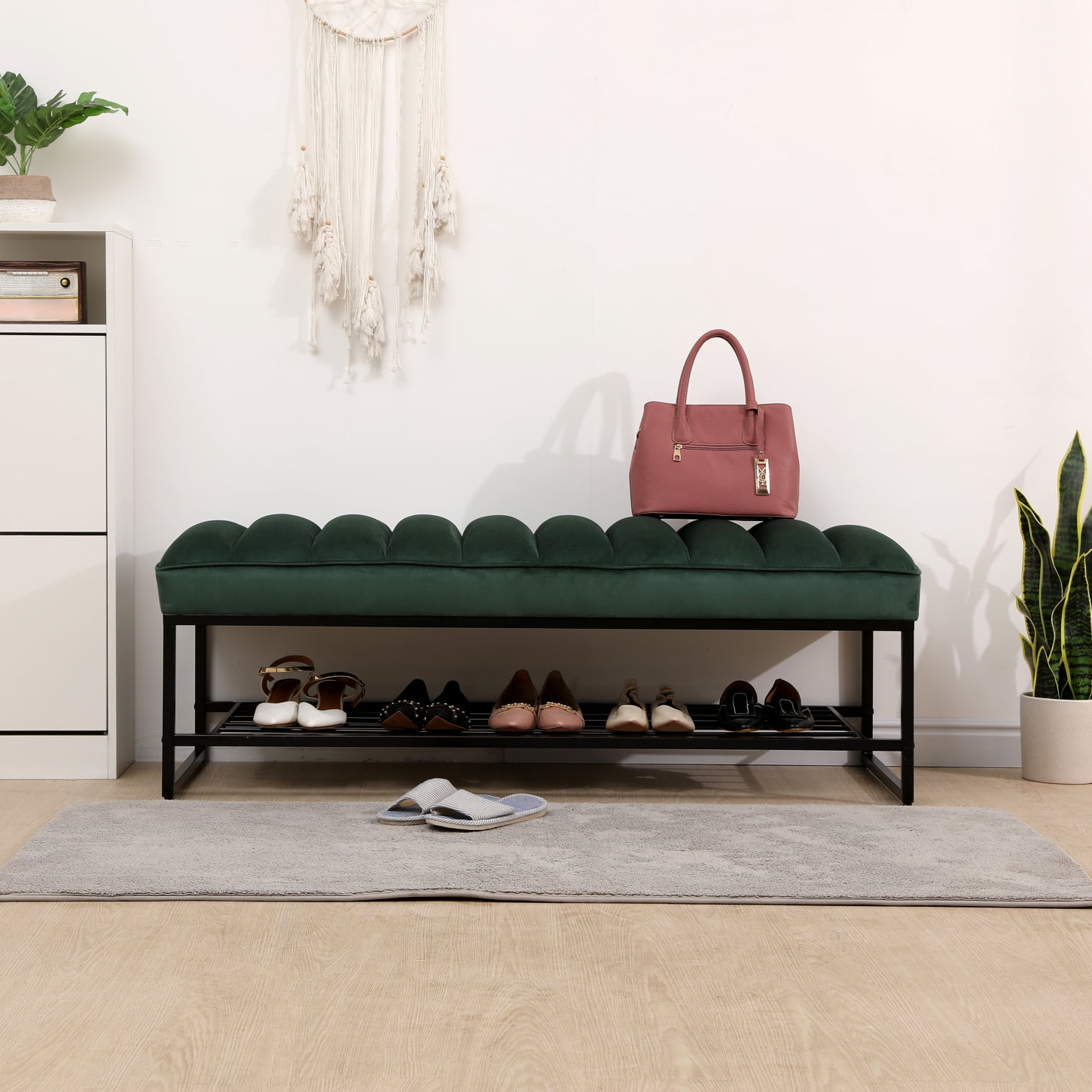 Stylish Green Velvet Ottoman Bench with Storage Shelf, Bedroom ...
