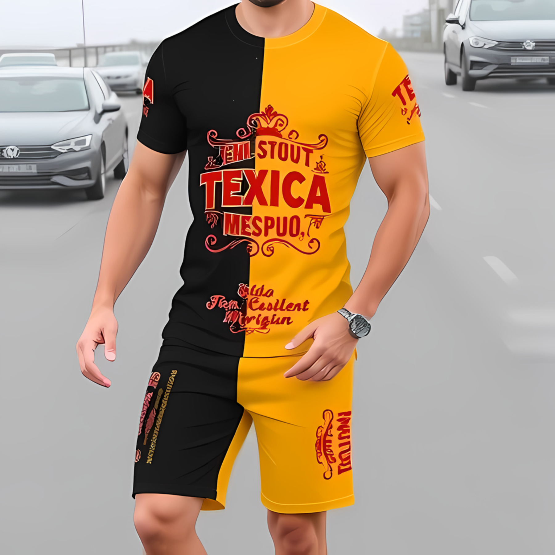 Stylish Half - Black Half - Gold T-Shirt and Shorts Set with Bold Red ...