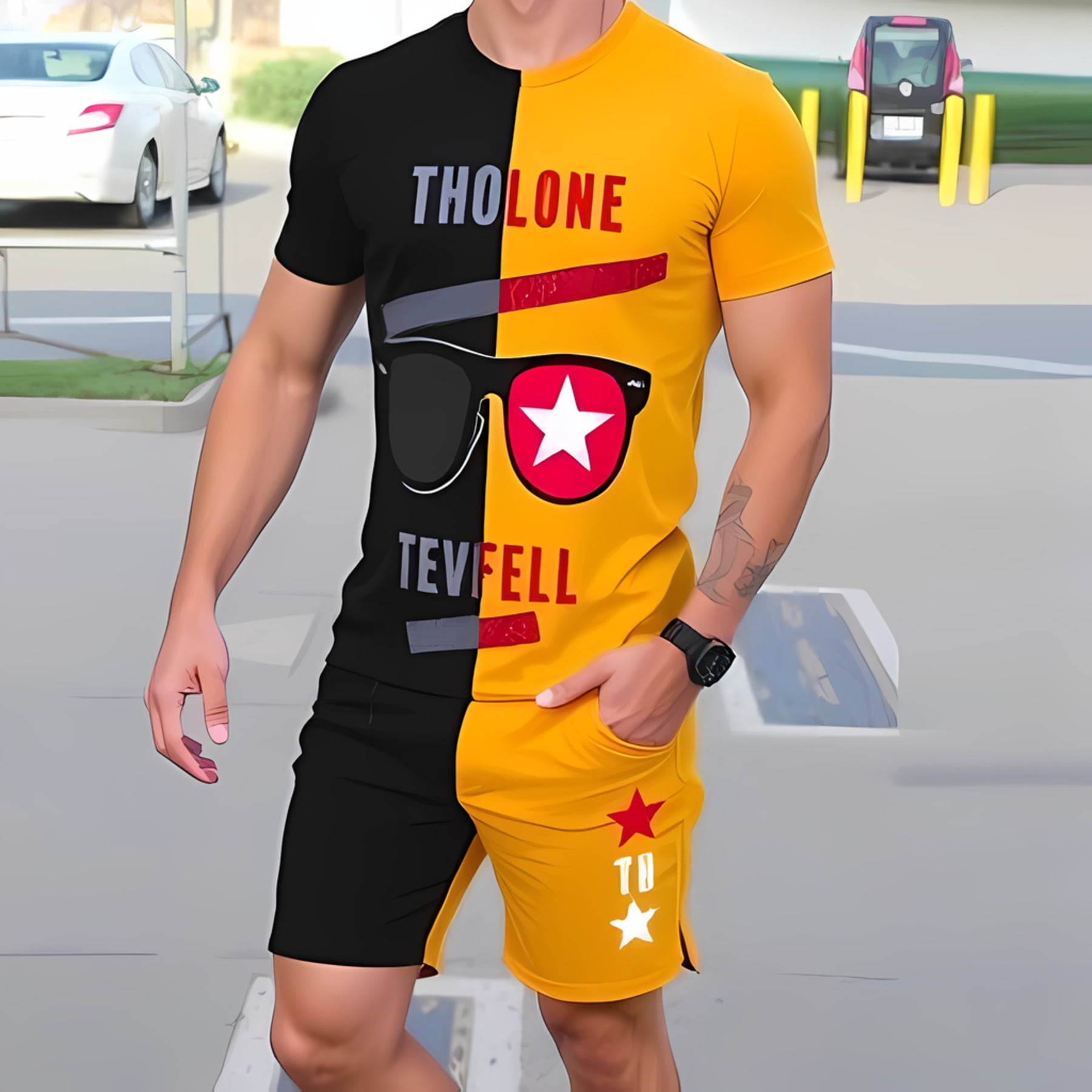 Stylish Half - Black Half - Mustard Yellow Graphic T-Shirt & Shorts Set ...